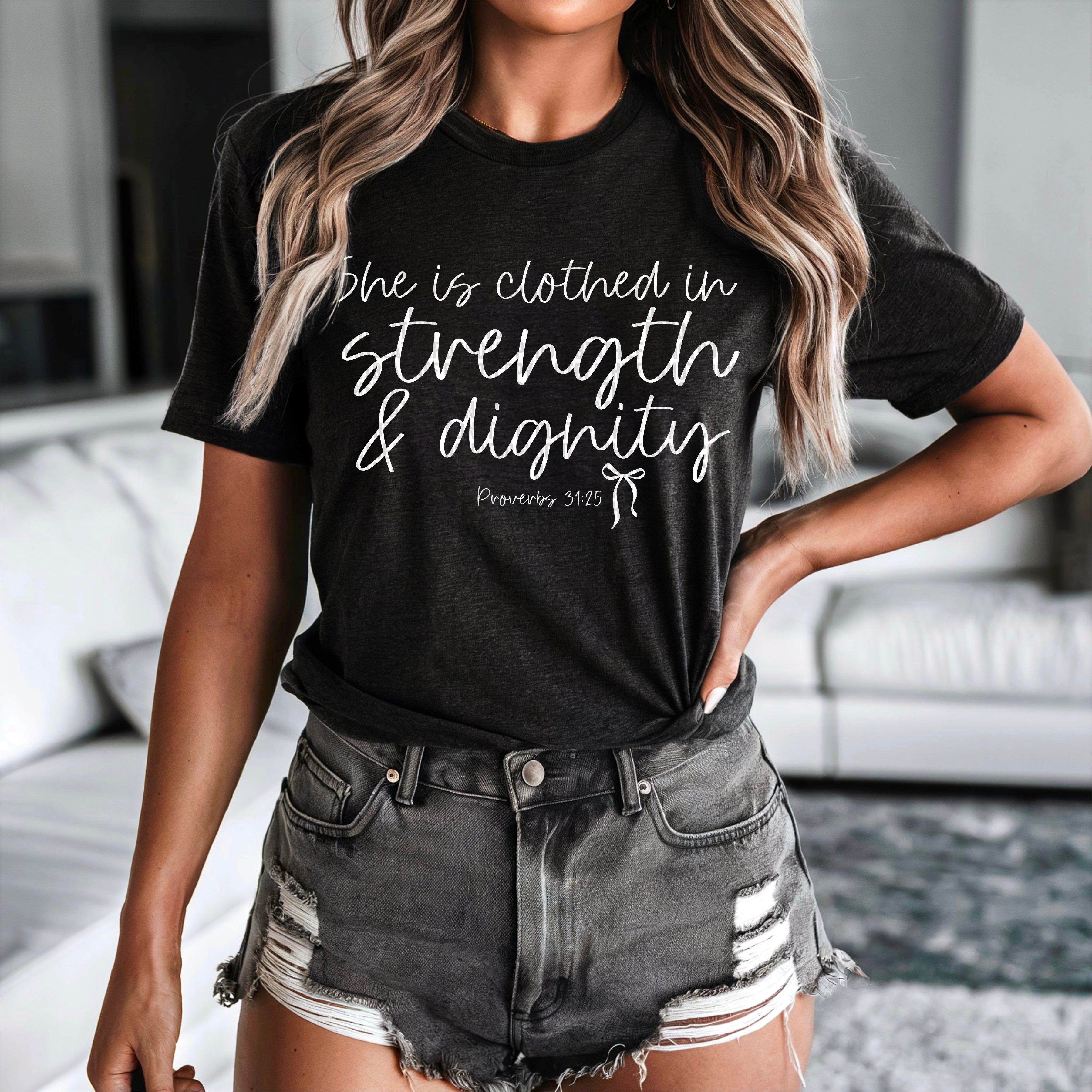 She is clothed in strength and dignity white font 93549 DTF transfer – Mud & Grace Transfers