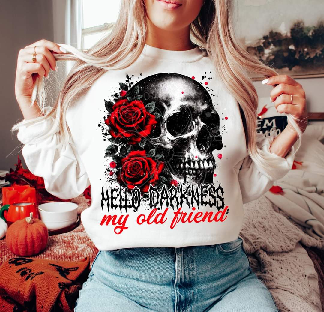 Hello darkness my old friend skull roses lyttle 45175 DTF transfer – Mud & Grace Transfers
