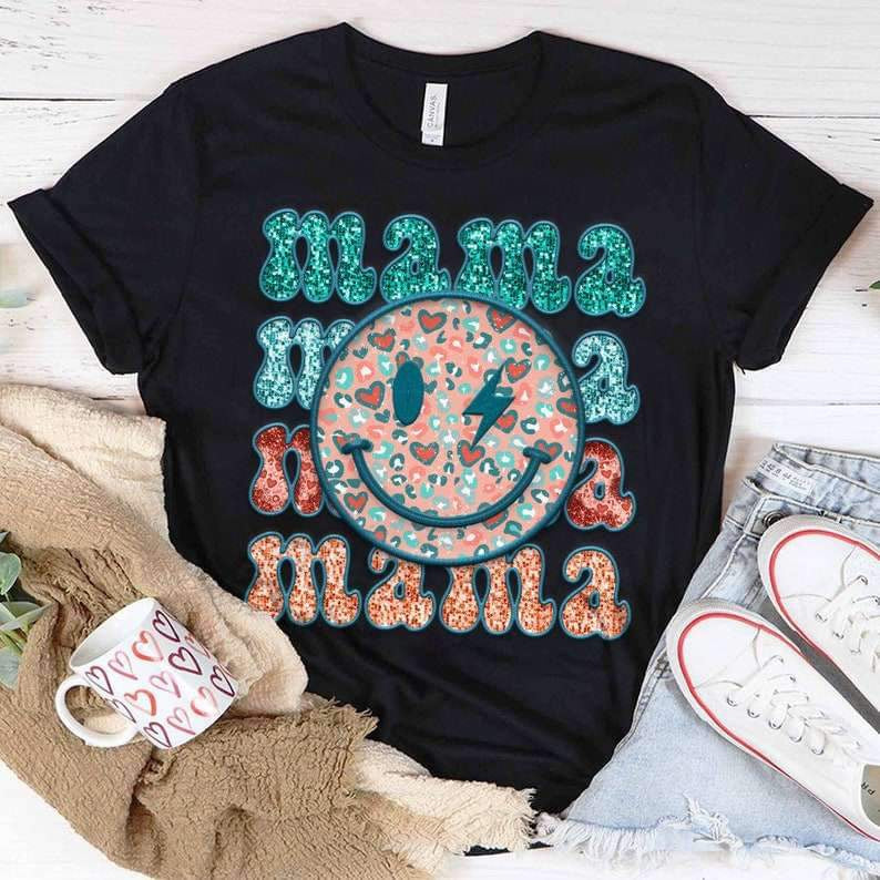 Mama sequin stacked with smiley 27107 DTF transfer – Mud & Grace Transfers