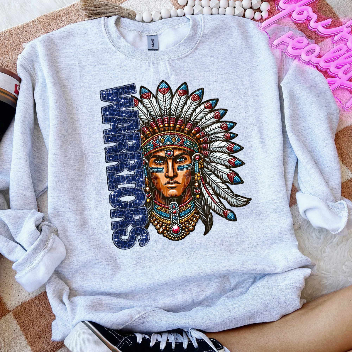 Warriors vertical sequin font mascot (CITY) 52262 DTF transfer – Mud & Grace Transfers