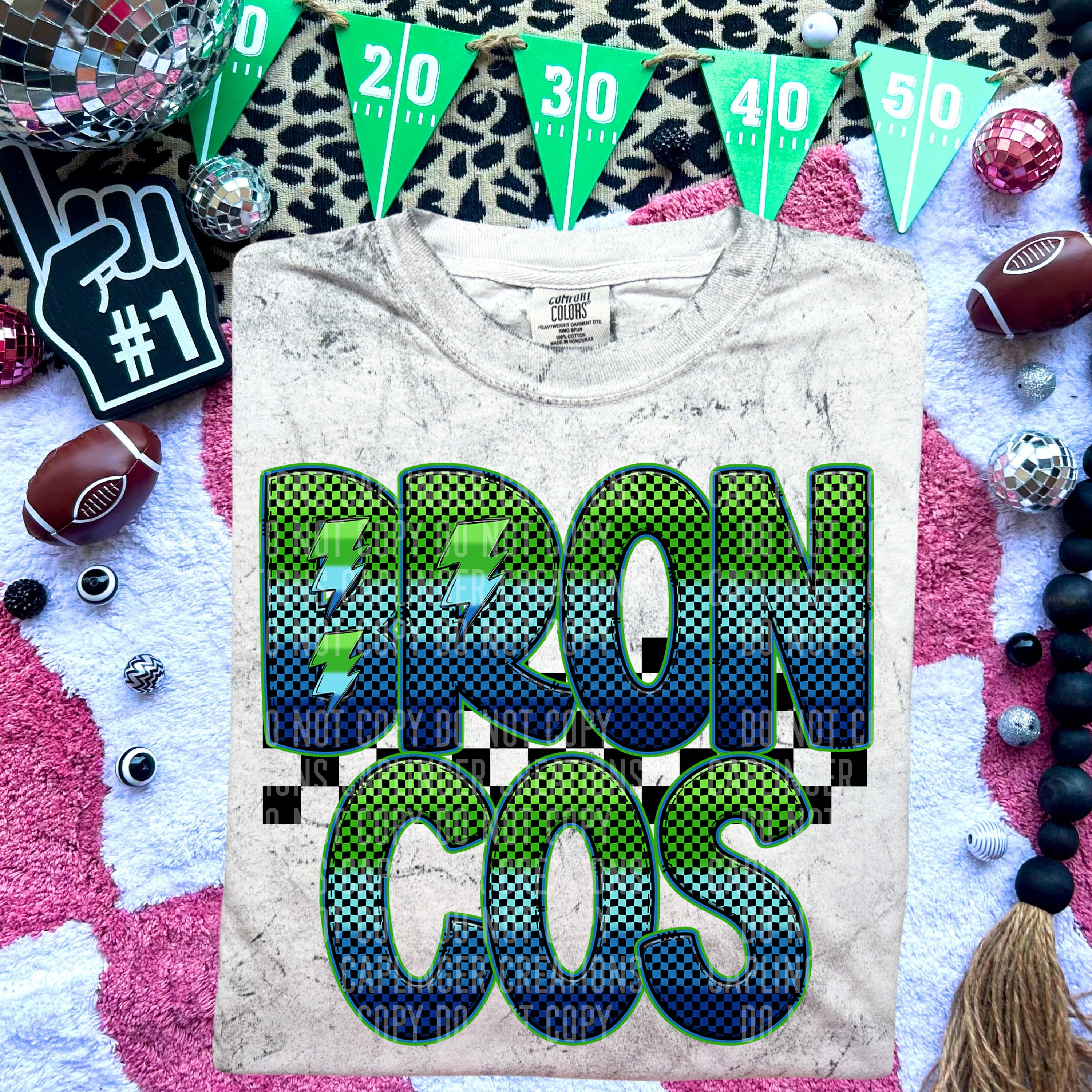 Broncos Blue and Green Checkered (Caplinger) DTF transfer – Mud & Grace ...