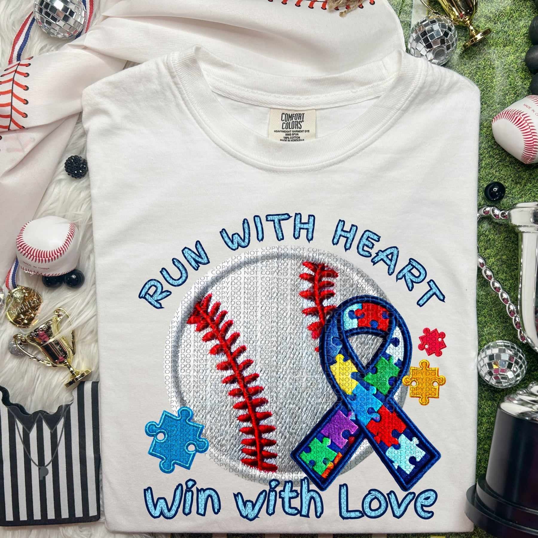 Run with heart win with love baseball autism ribbon (HW) 60095 DTF tra ...