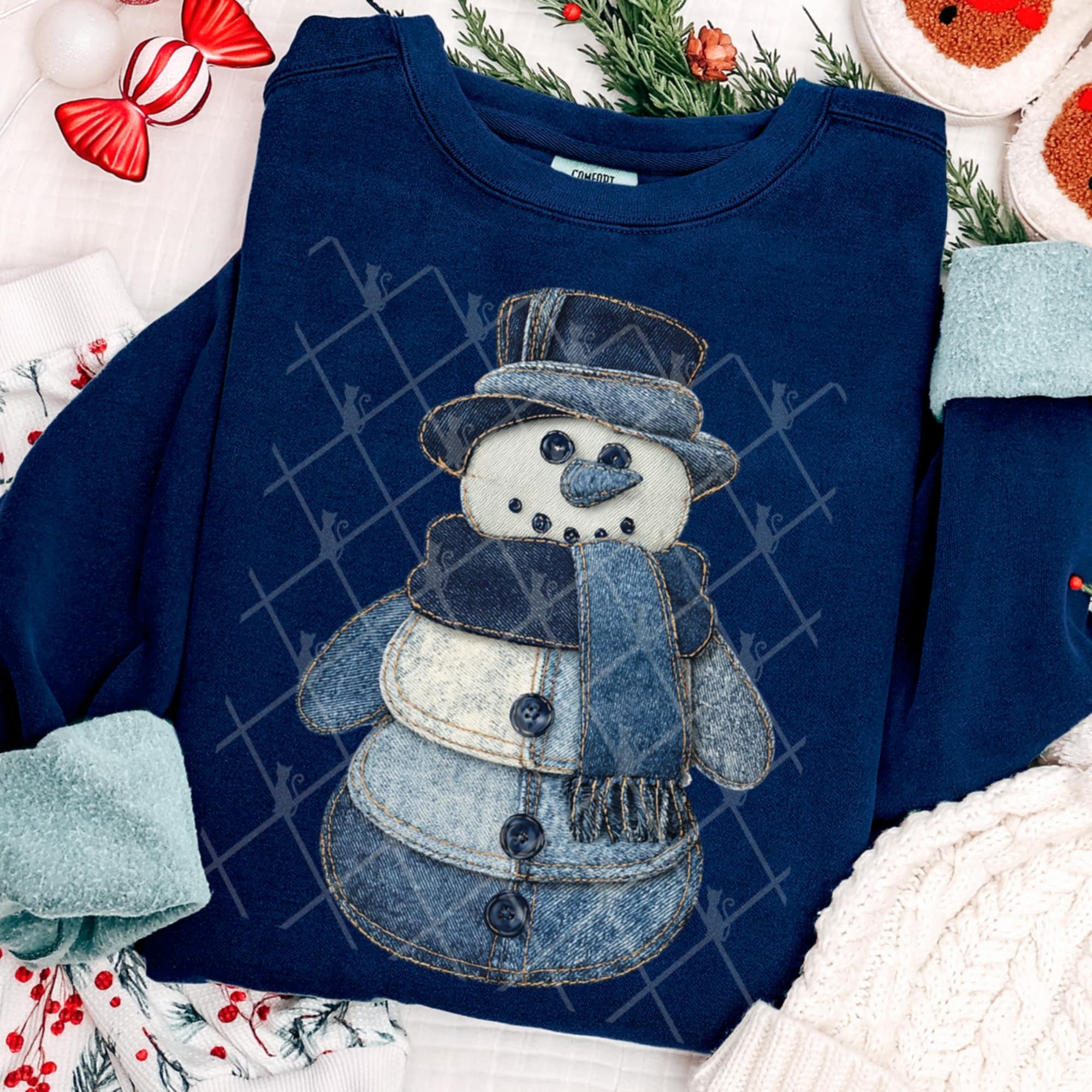 Faux denim snowman (TTD) DTF Transfer – Mud & Grace Transfers