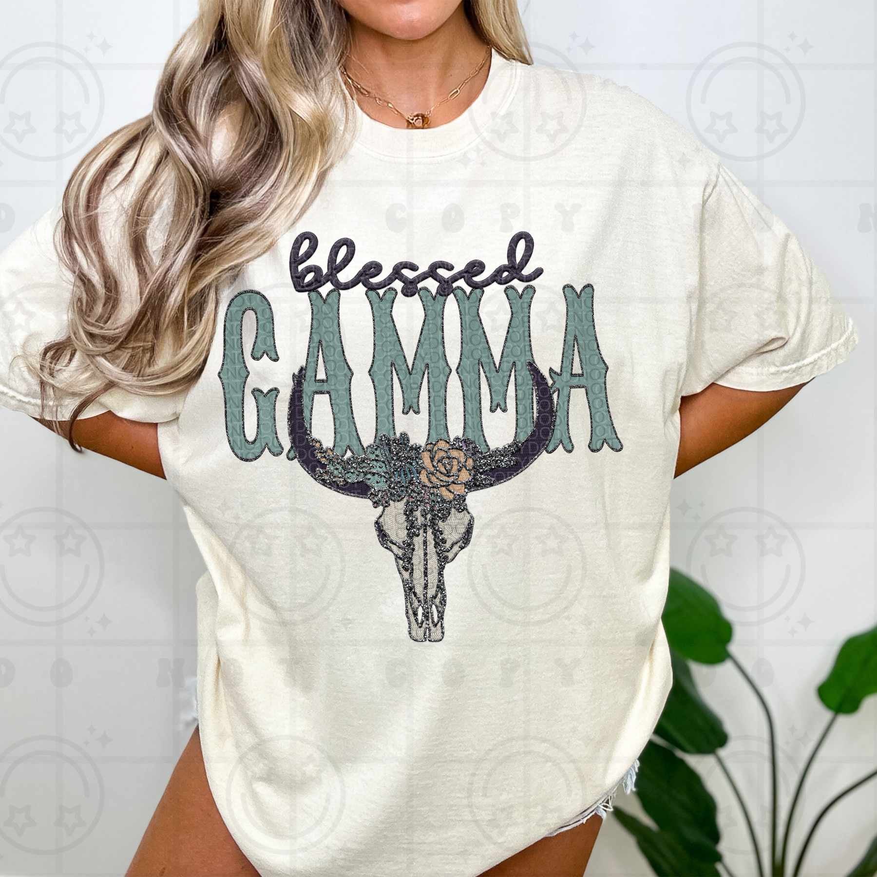 Blessed gamma bull skull (HW) 84472 DTF transfer – Mud & Grace Transfers