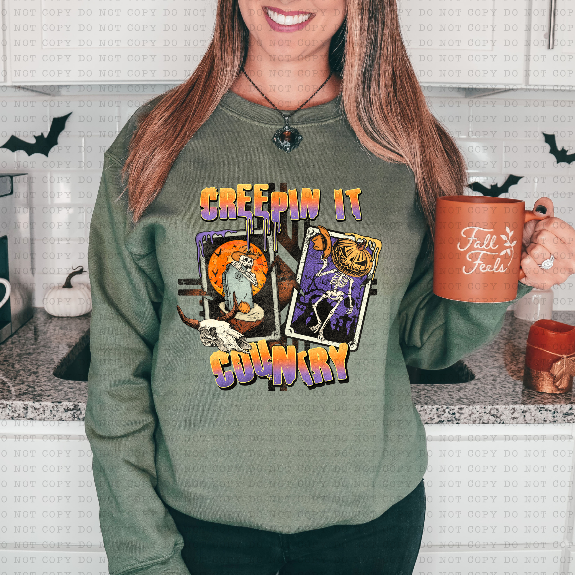 Creepin It Country (skeleton, bull skull, cards) 3445 DTF TRANSFER ...