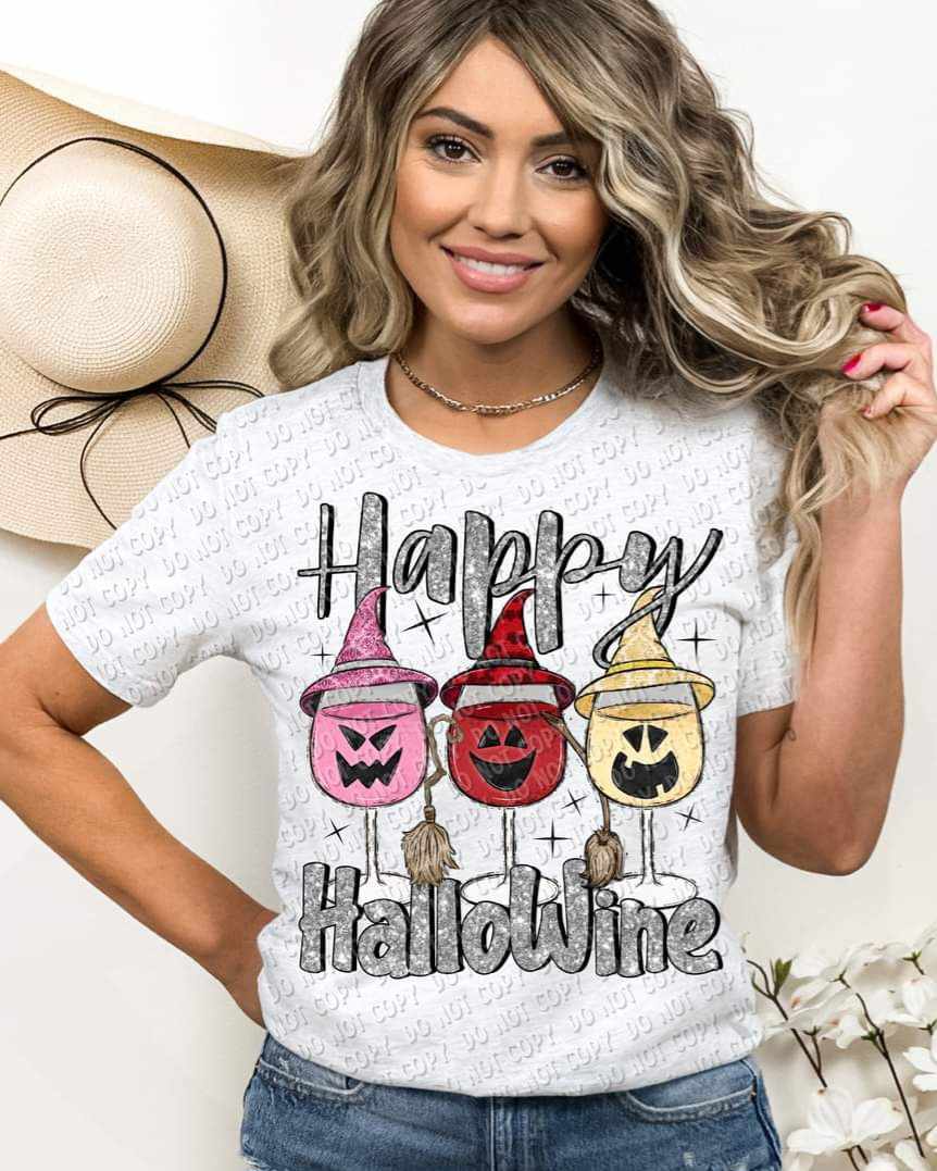 Happy Hallowine (three wine glasses dressed as witches) 9227 DTF TRANS ...