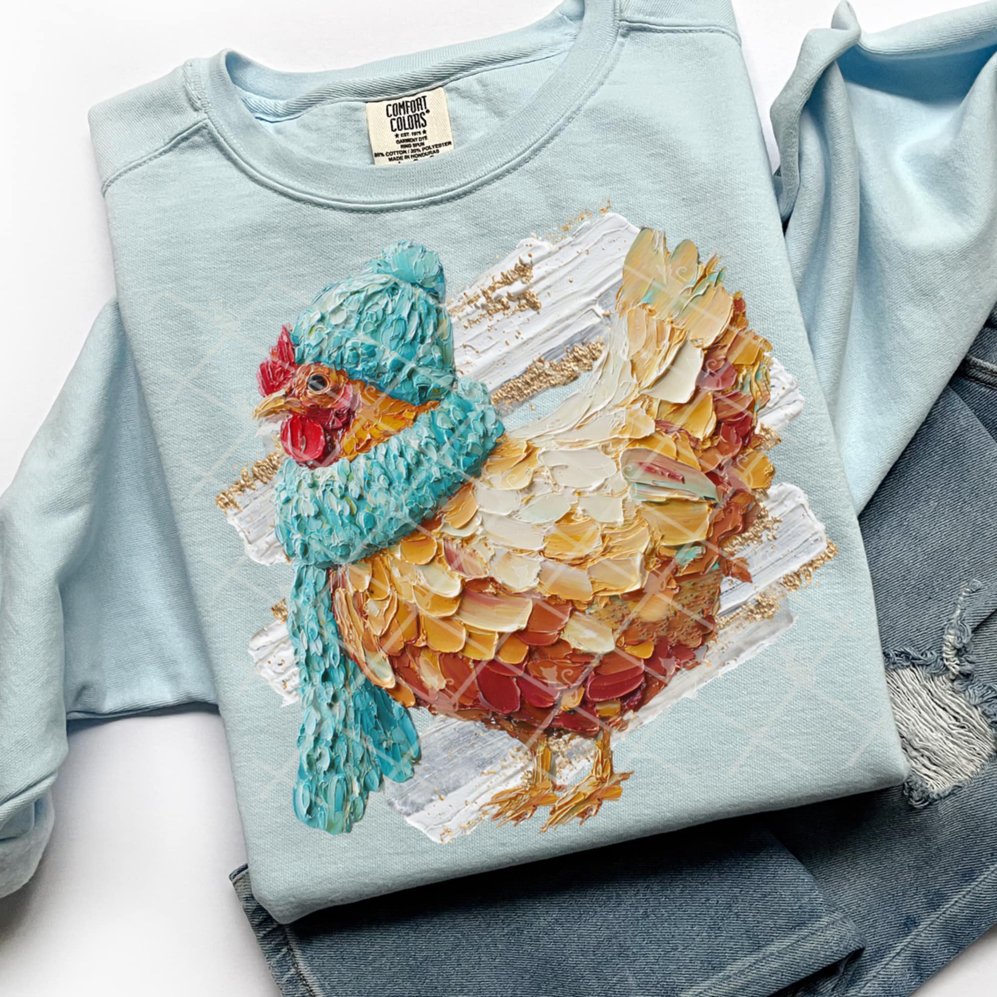 Faux Painted Chicken blue scarf (TTD) DTF Transfer – Mud & Grace Transfers
