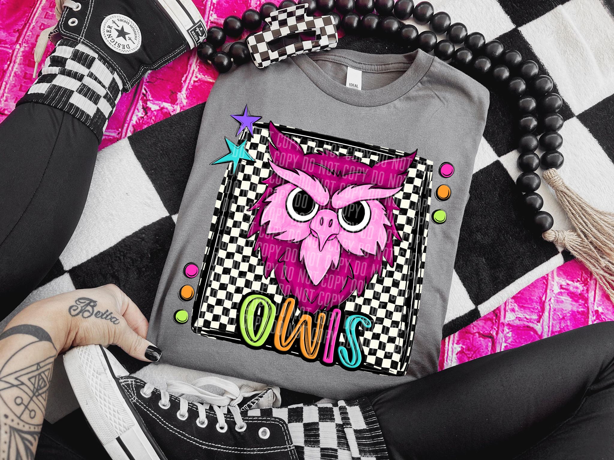 Checkered Preppy Bright Owls Pink (Caplinger) DTF transfer – Mud ...