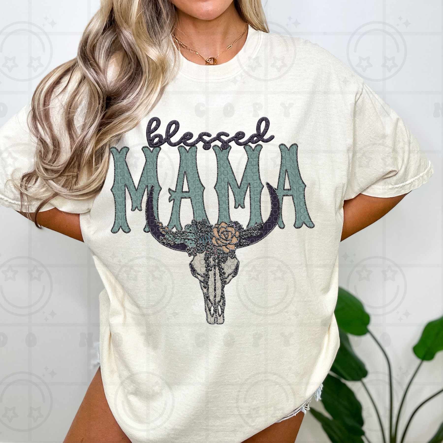 Blessed mama bull skull (HW) 84487 DTF transfer – Mud & Grace Transfers
