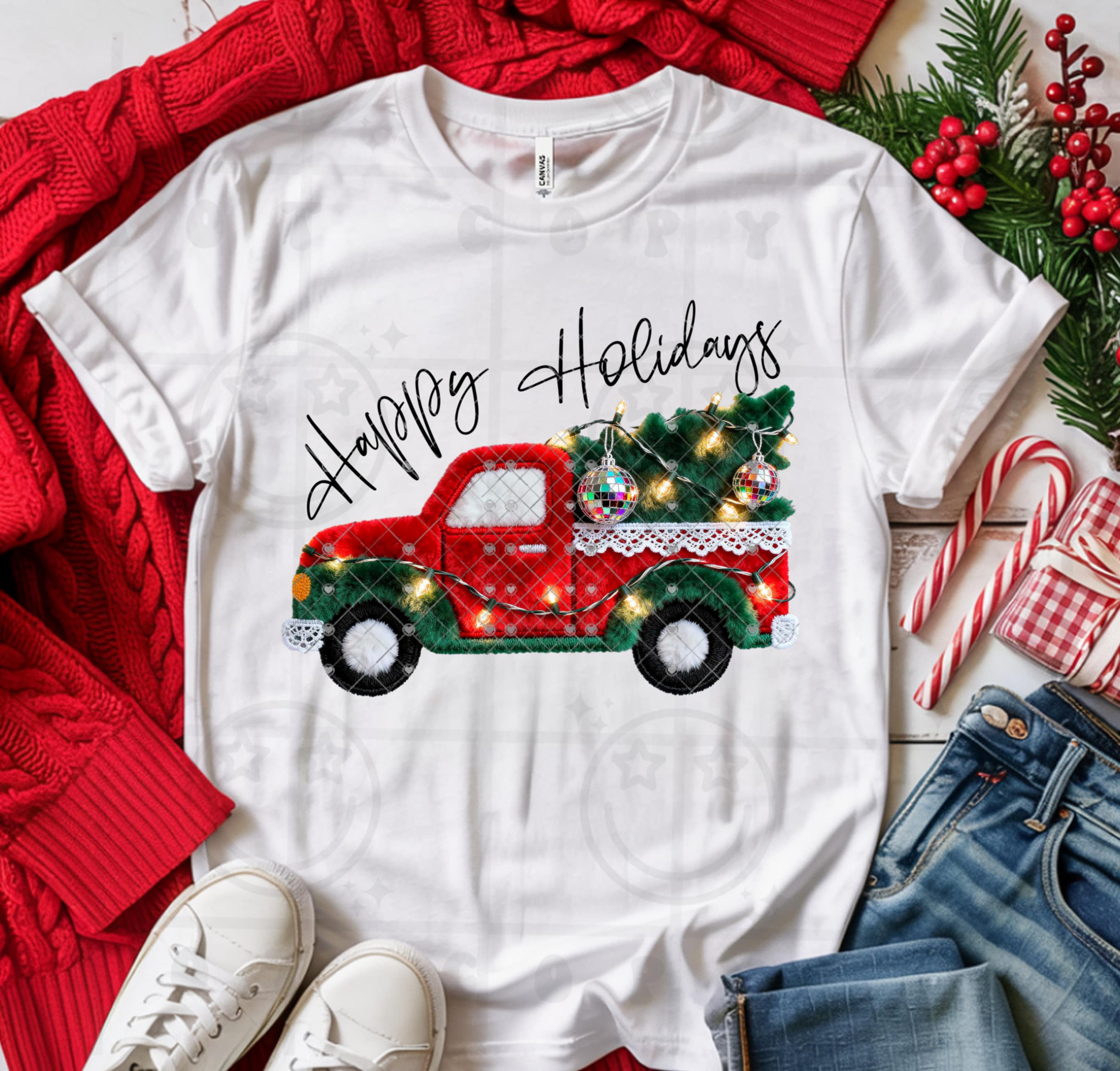 Happy Holidays red truck and disco balls (HW) DTF Transfer – Mud ...