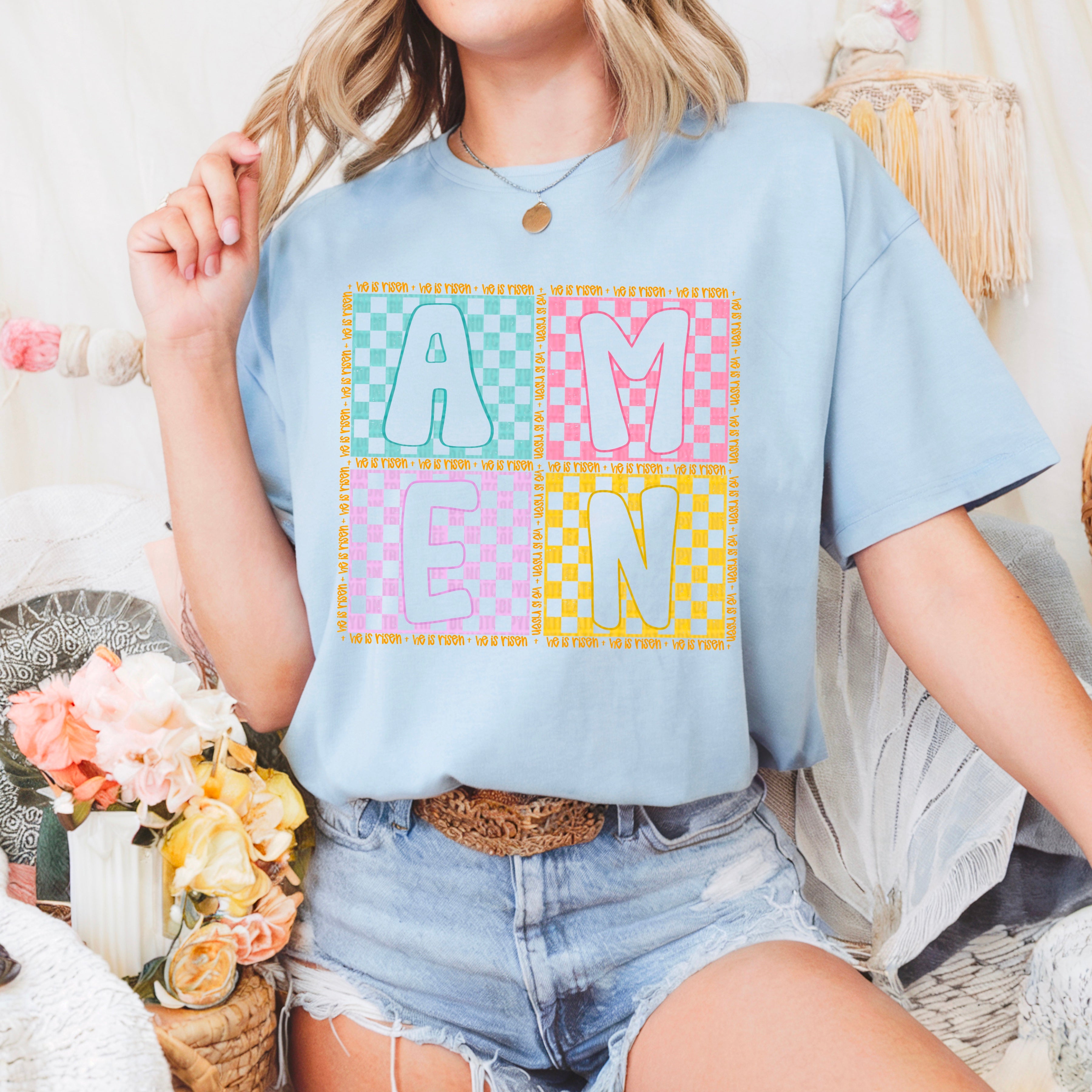 Amen colorful checkered blocks 94869 DTF transfer – Mud & Grace Transfers