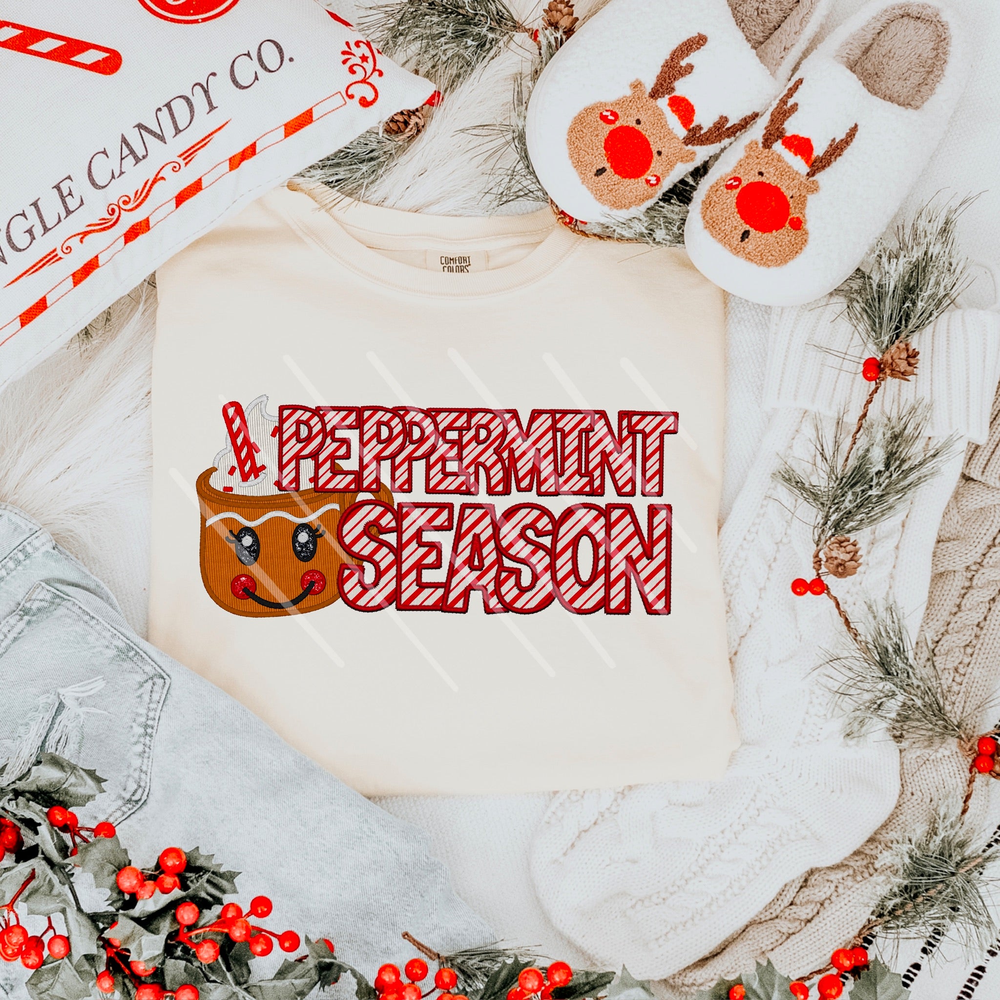 Peppermint season red striped letters and reindeer mug 111915 DTF tran ...