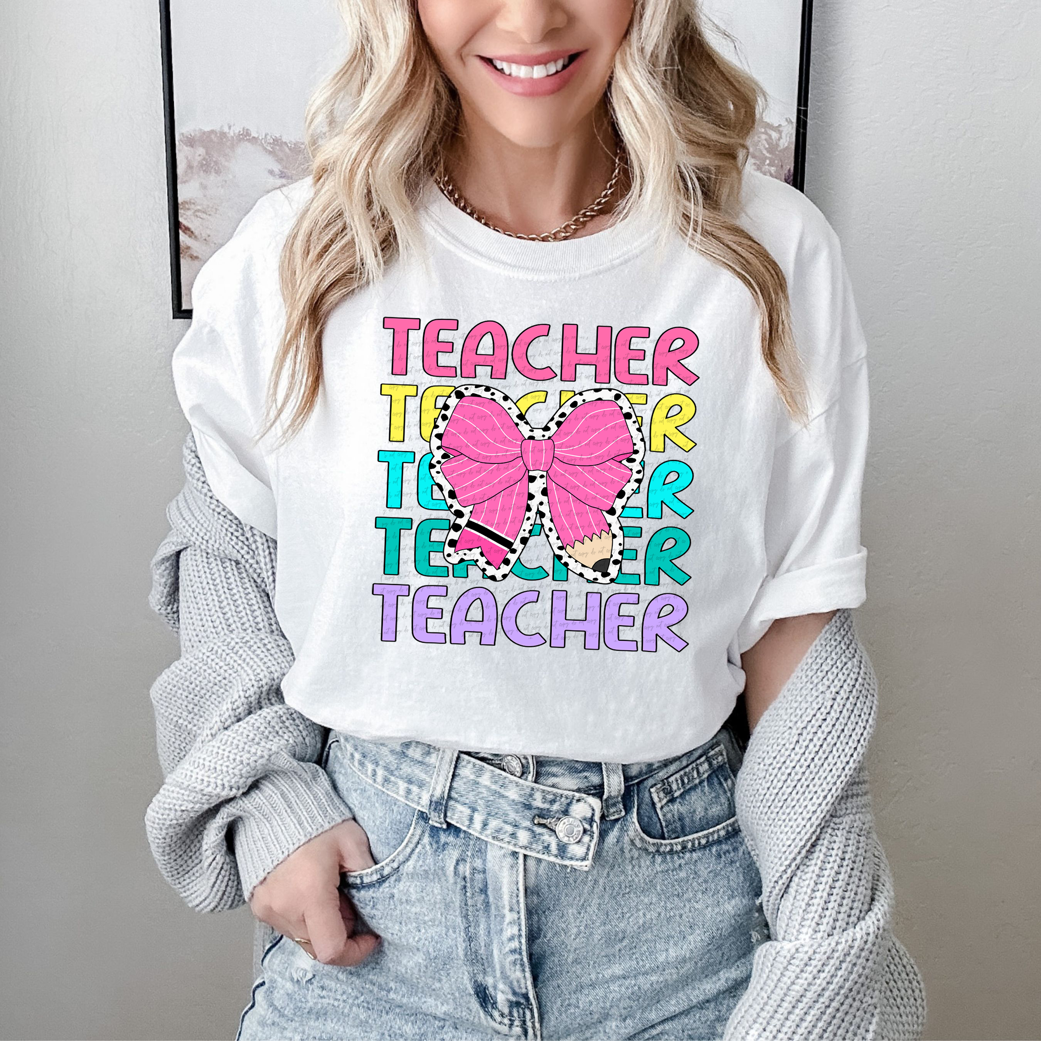 Teacher repeat pink pencil bow 49820 DTF transfer – Mud & Grace Transfers