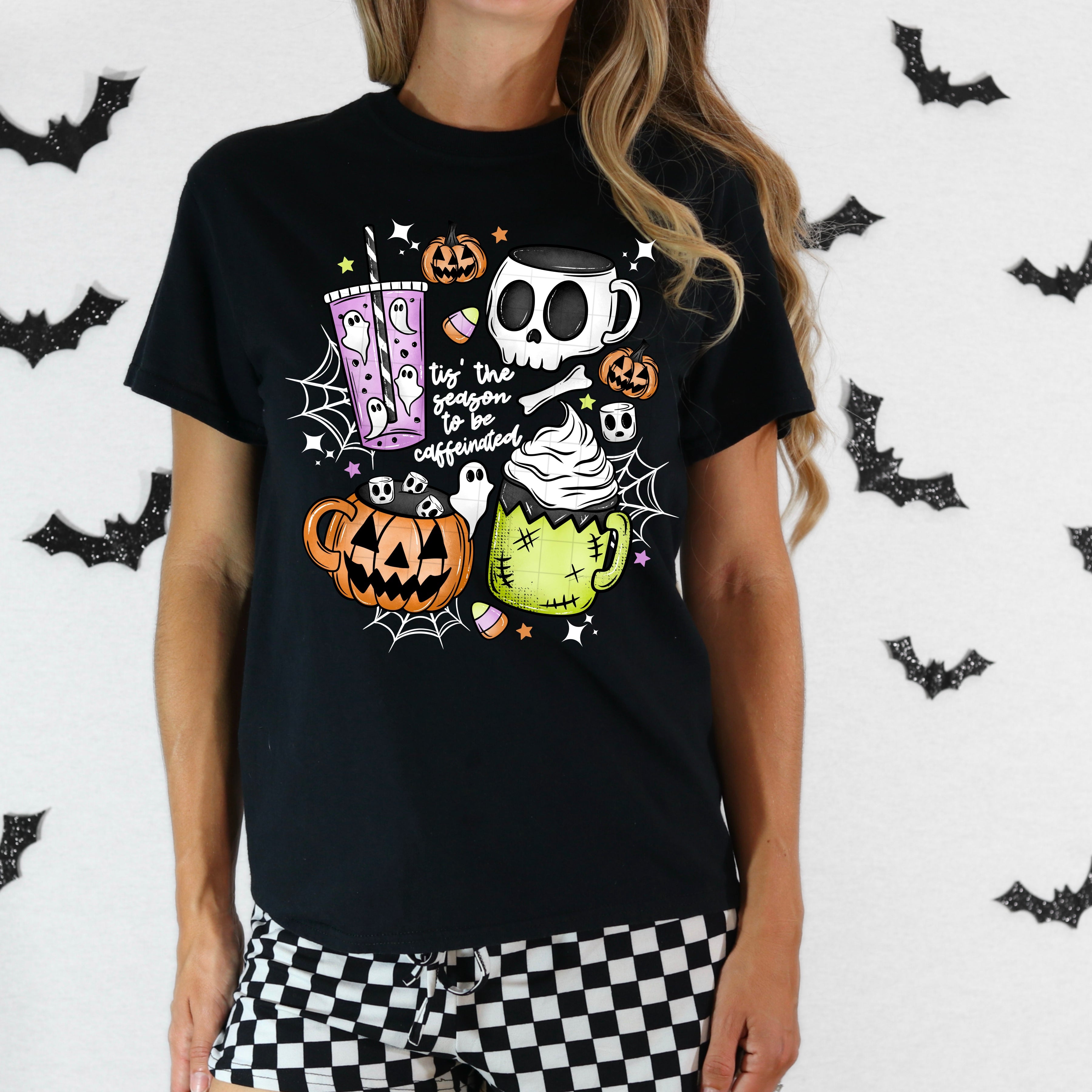 Tis the Season To be caffeinated halloween (white words) CSC DTF trans ...