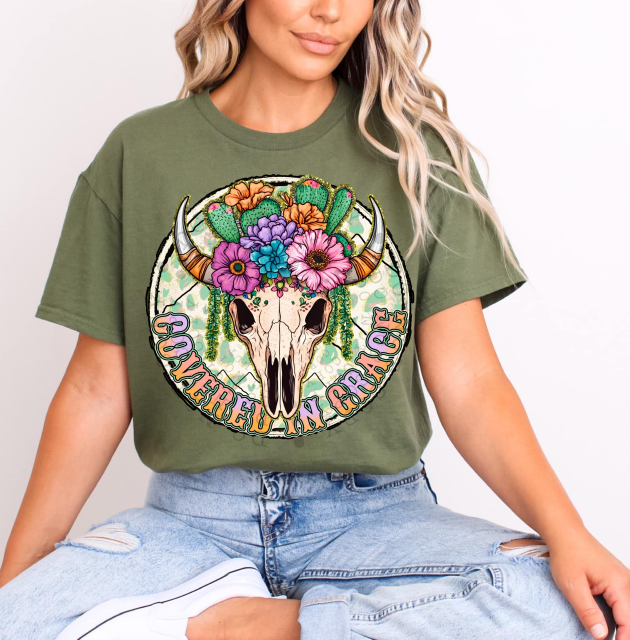 Covered in grace bull skull (C’s) 100468 DTF transfer – Mud & Grace ...