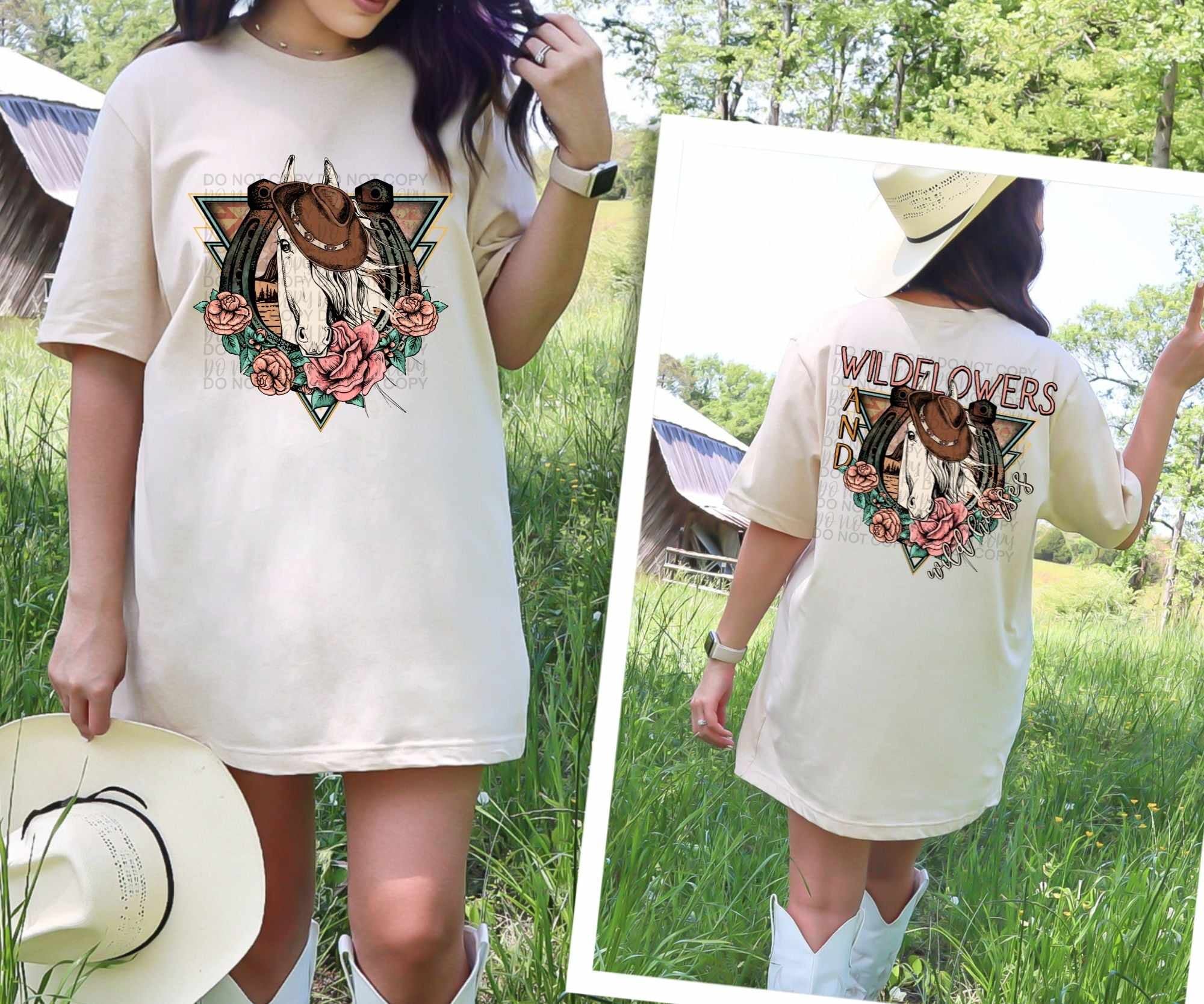 Wild flowers and wildhorses BACK with writing starlight 56263 DTF tran ...