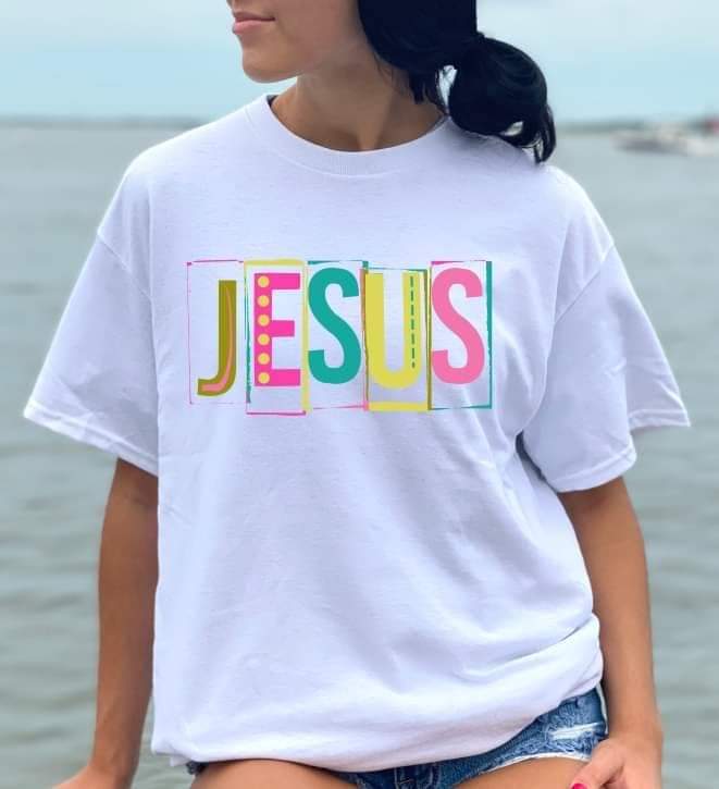 Jesus block lettering colorful DTF transfer – Mud & Grace Transfers