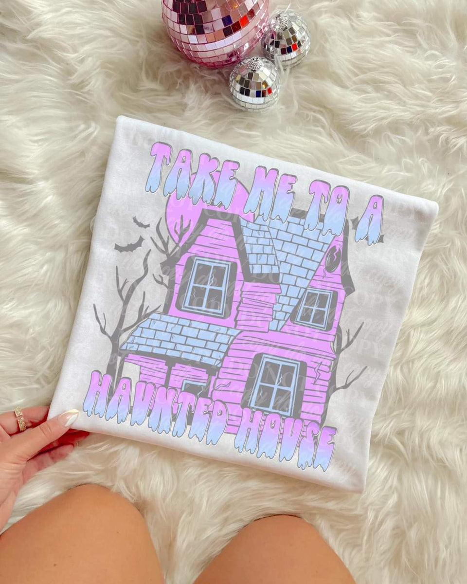 take me to a haunted house (pink and purple house) 9189 DTF TRANSFER ...
