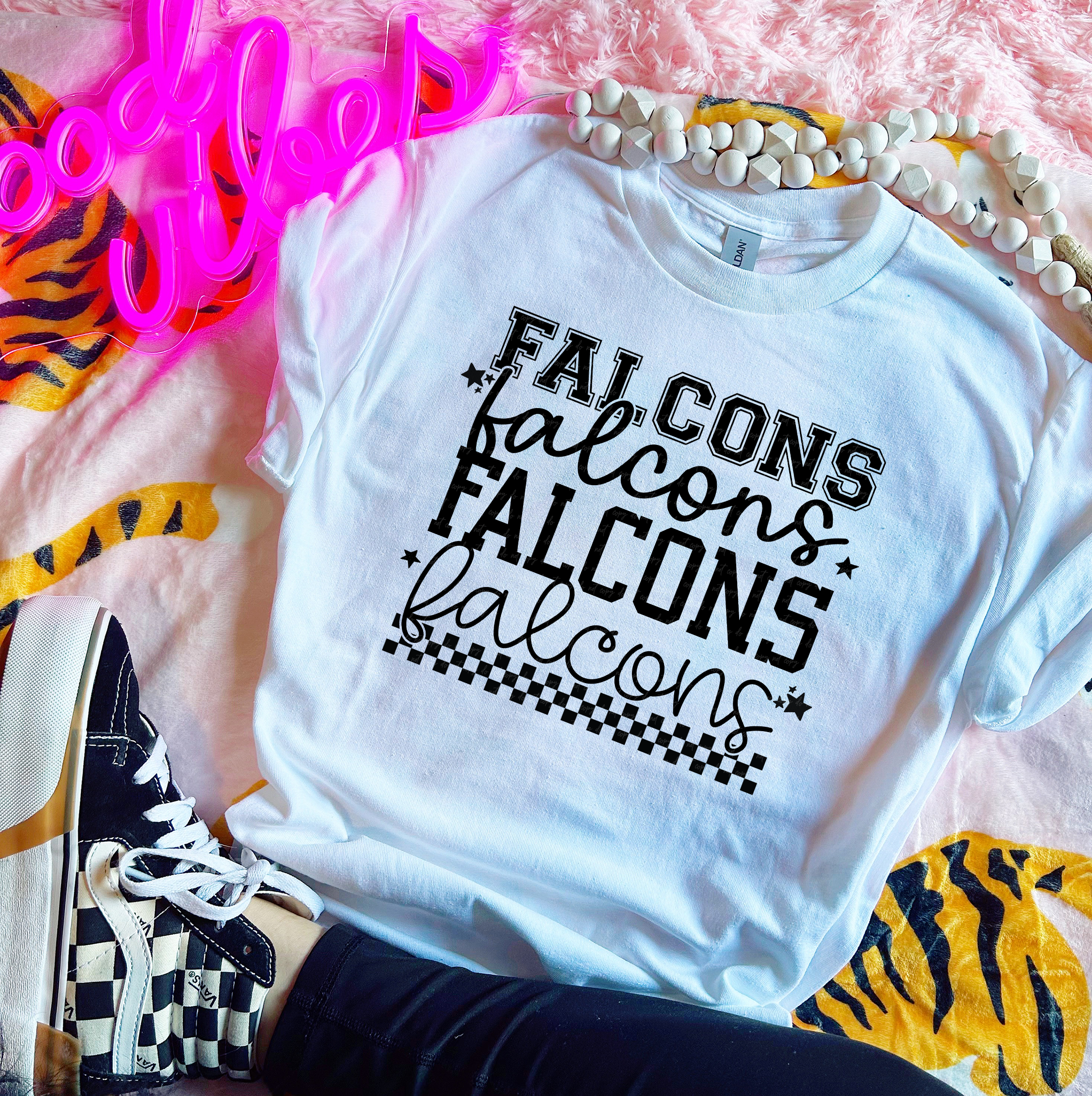 Falcons Varsity And Cursive Font Checkers Black 86621 DTF Transfer ...