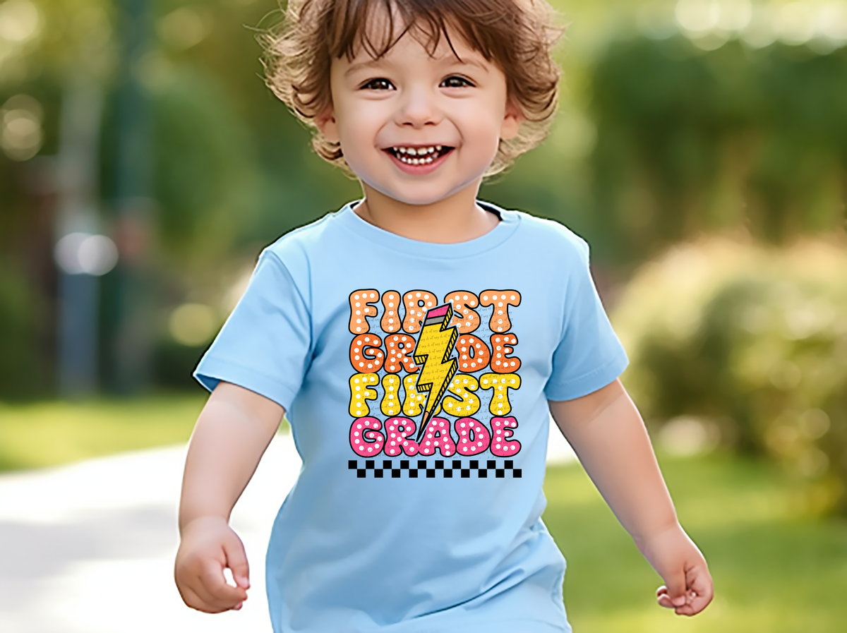 First grade stacked yellow and pink transfer – Mud & Grace Transfers