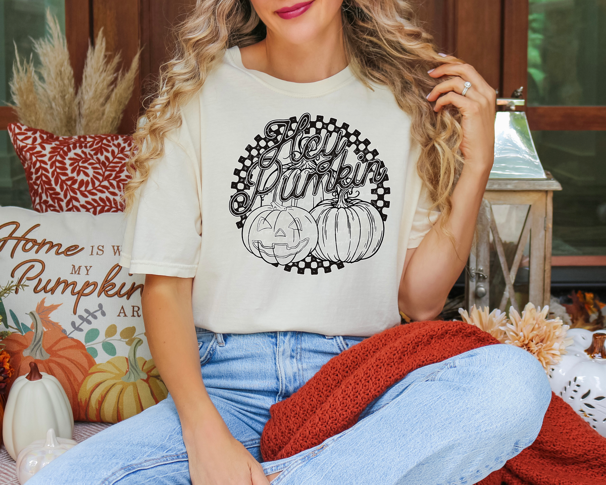 Hey Pumpkin Round Checkered White Outline 46811 DTF transfer – Mud ...