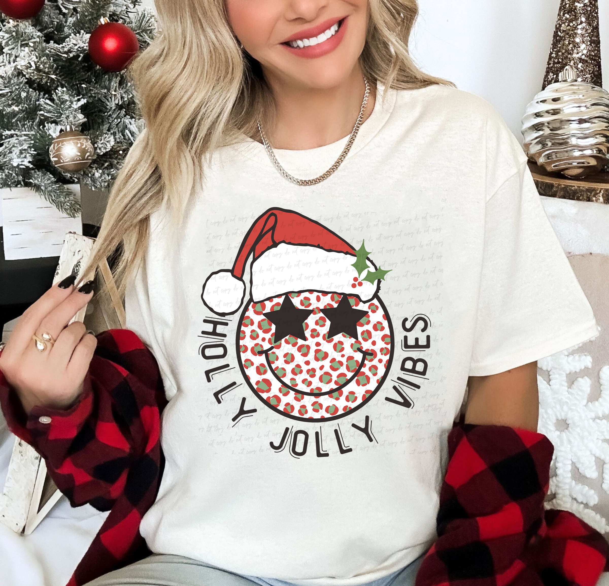 Holly Jolly Vibes Smiley Star Eyes Santa Hat Leopard Print 115029 DTF ...