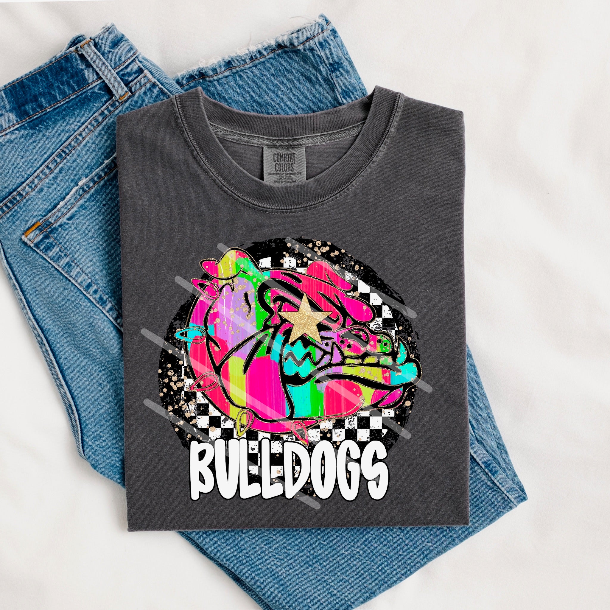 Bulldogs Mascot rainbow checker circle (county line) 111049 DTF transf ...