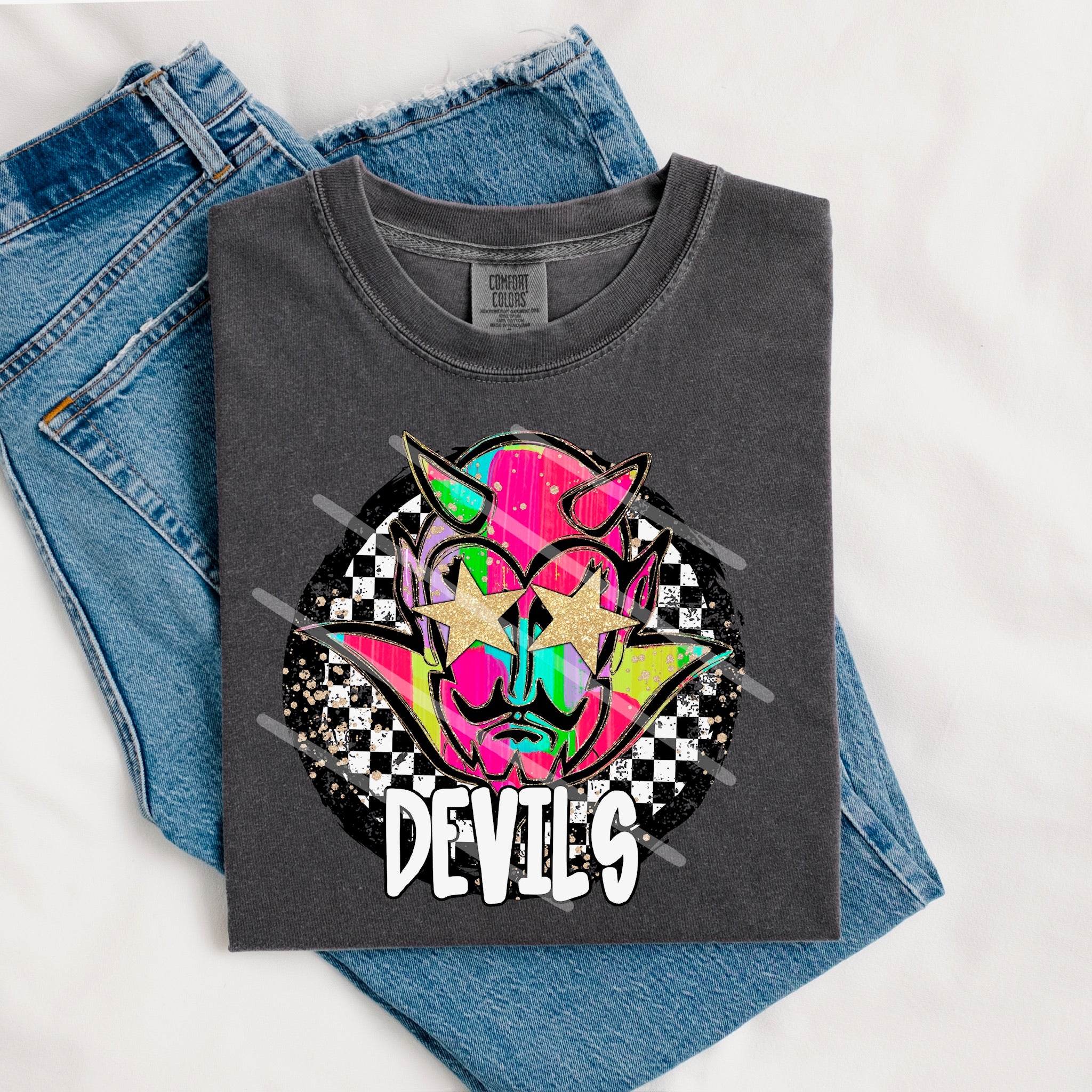 Devils Mascot rainbow checker circle (county line) 111028 DTF transfer ...