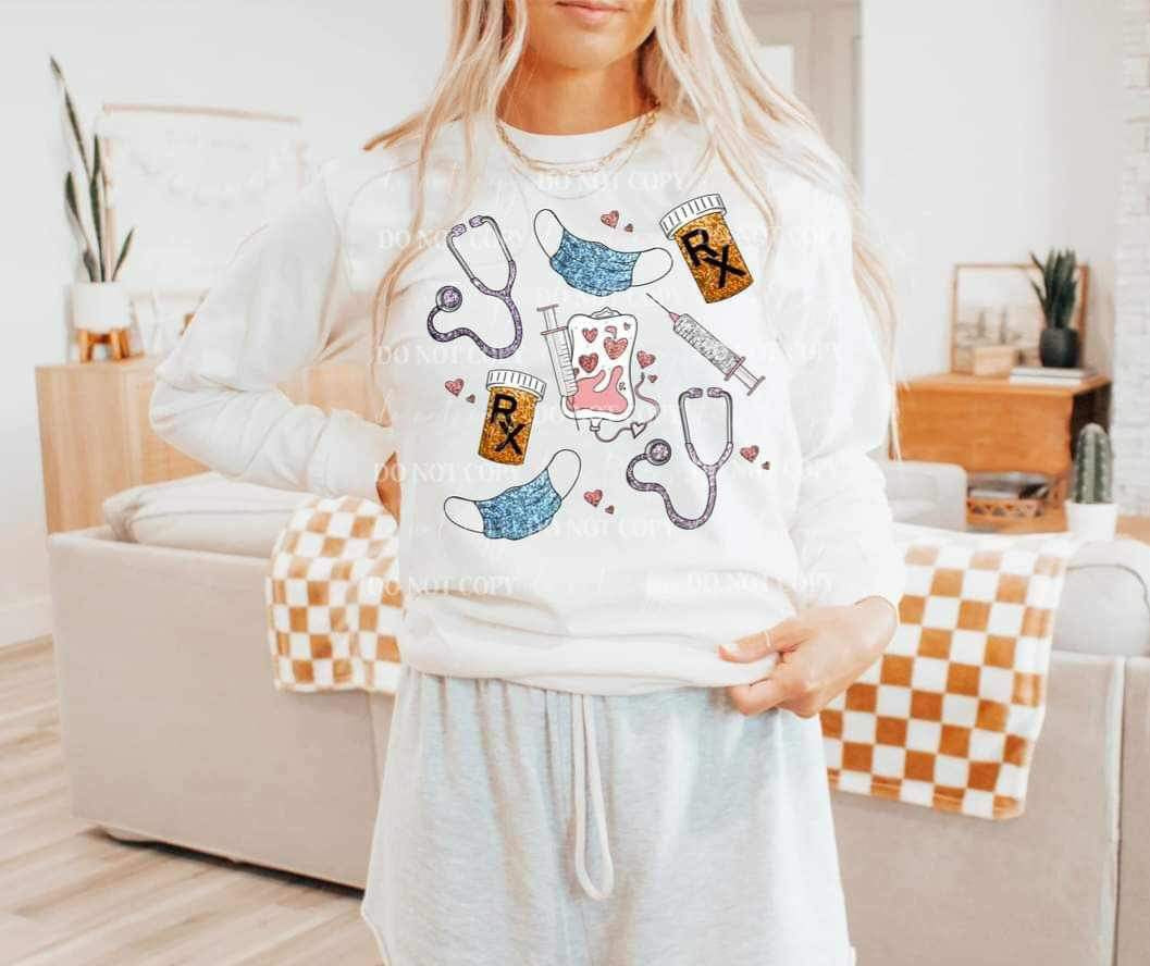 Sequin nurse items with PINK hearts and iv liquid MMD 16506 DTF Transf ...