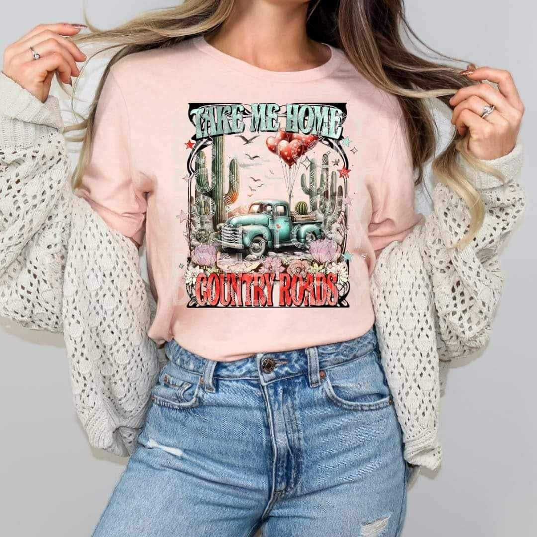 Take me home country road teal truck western scene 17522 DTF TRANSFERe ...