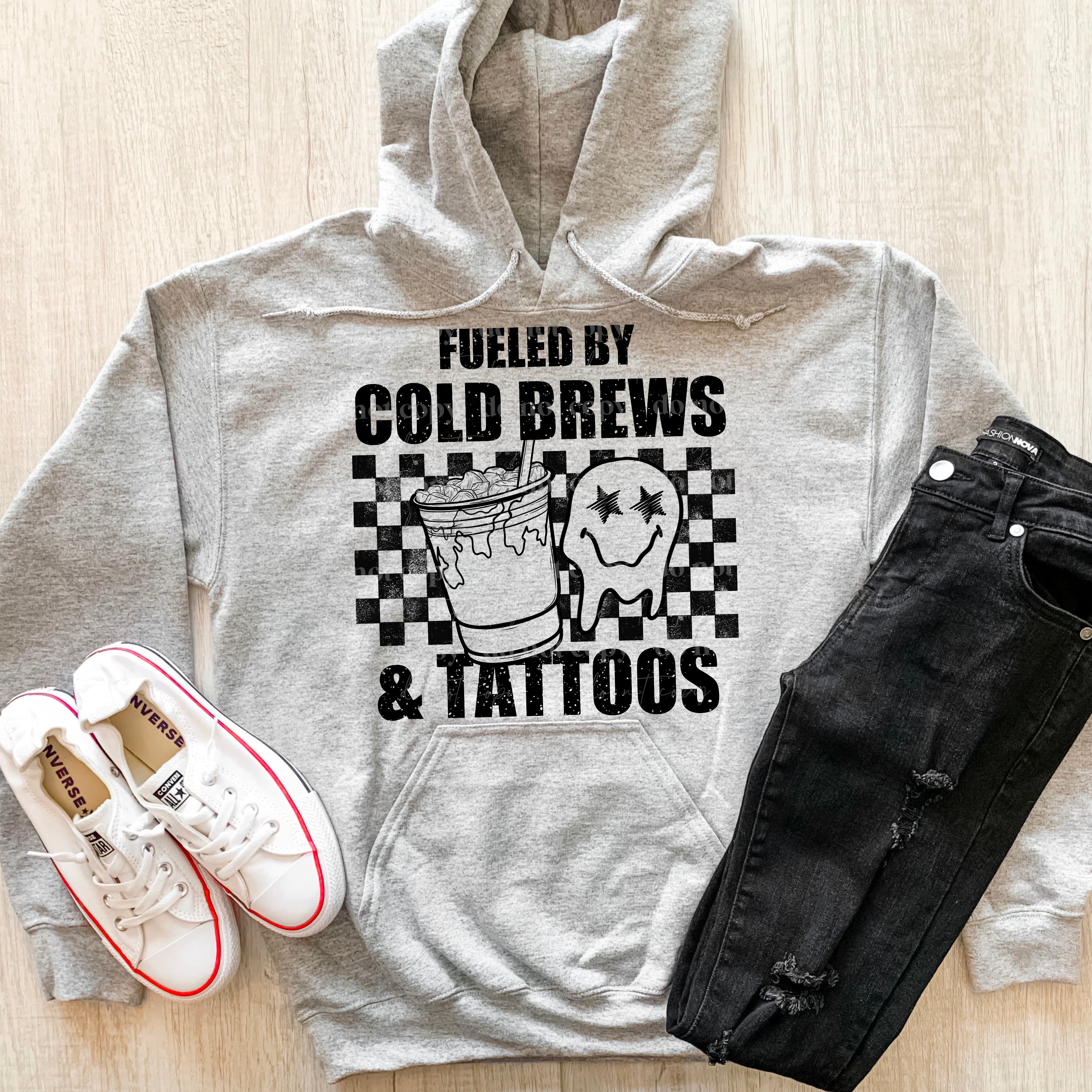 Fueled by cold brews and tattoos (BLACK with coffee, smiley, checkered ...