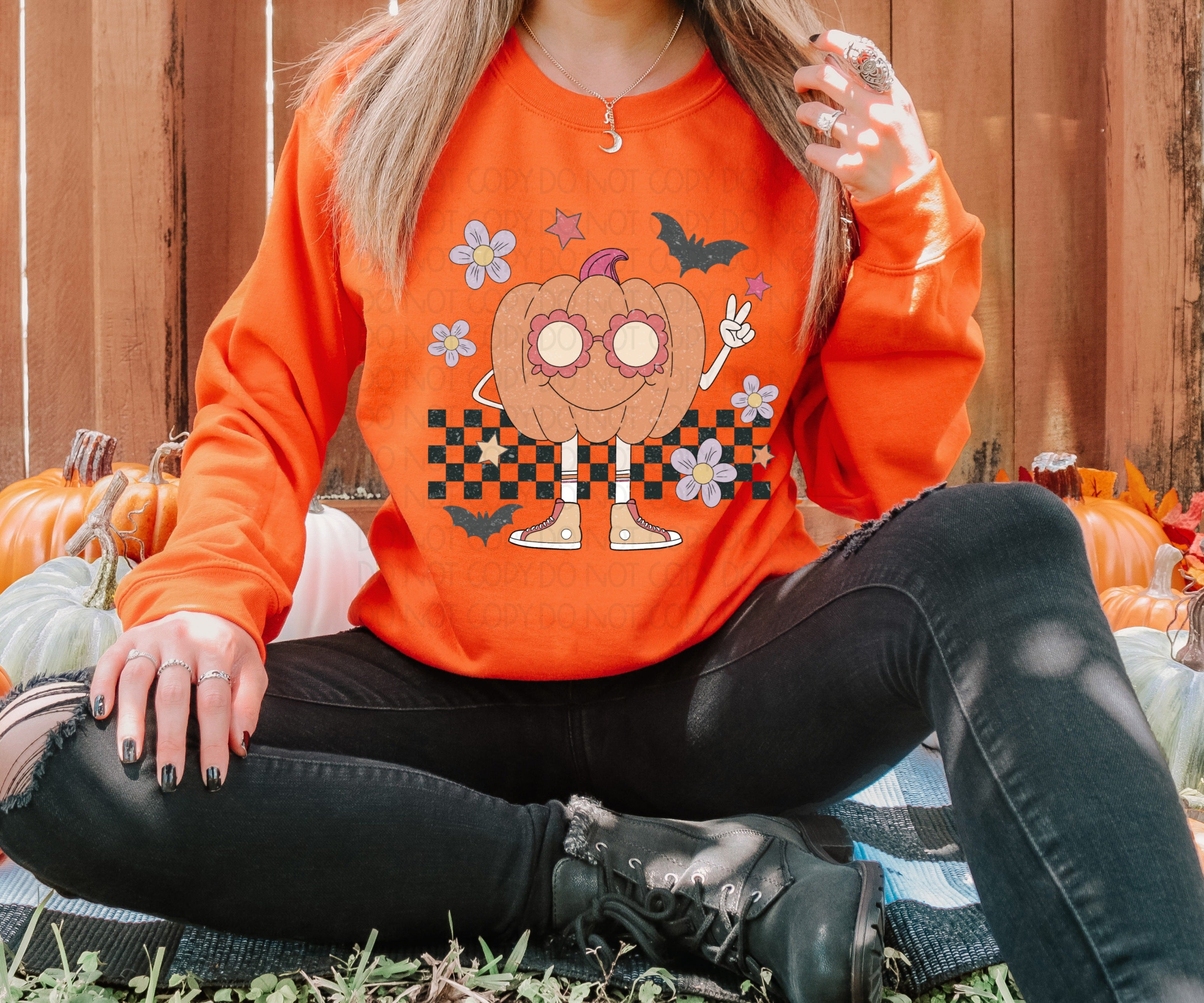 Hippie pumpkin with flowers and bats checkered 7506 DTF TRANSFER – Mud ...