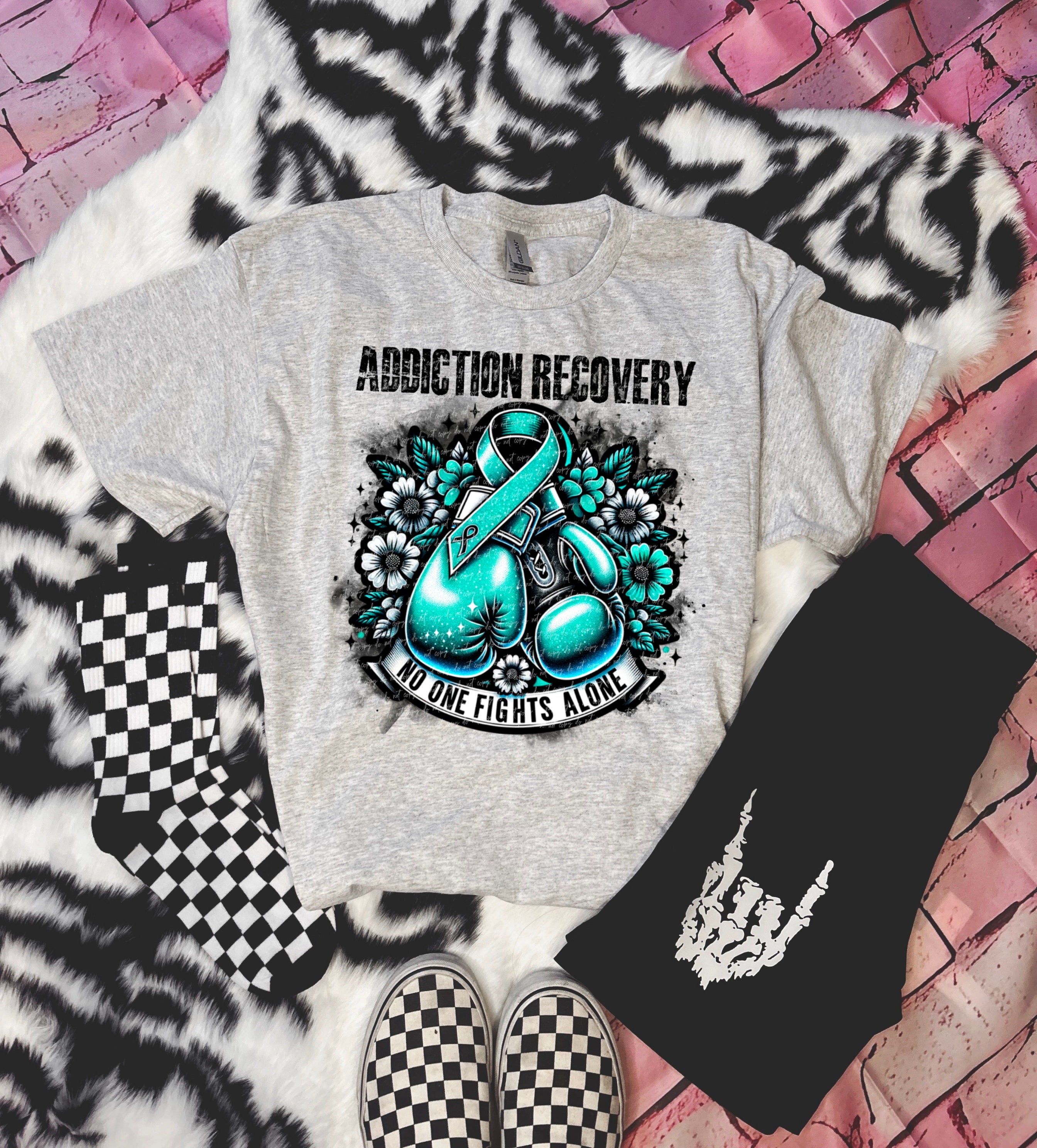 Addiction recovery no one fights alone teal gloves 28160 DTF transfer ...