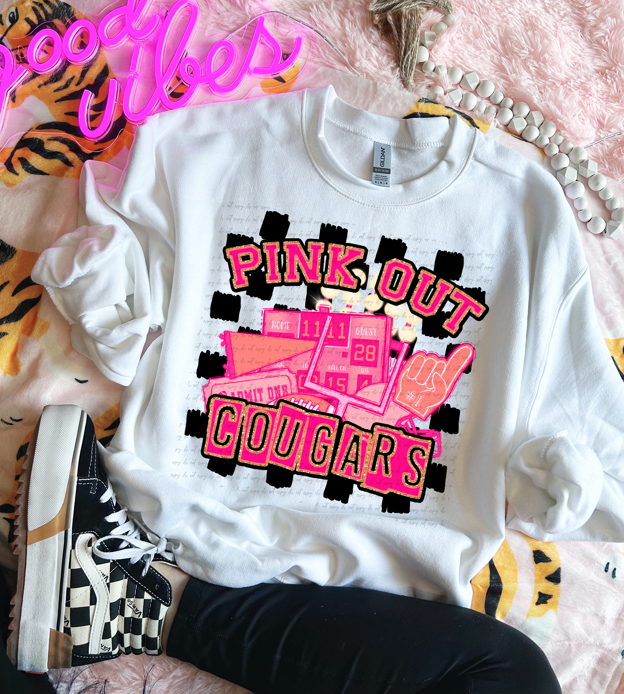 Pink Out Cougars Checkered Background 61332 DTF transfer – Mud & Grace Transfers