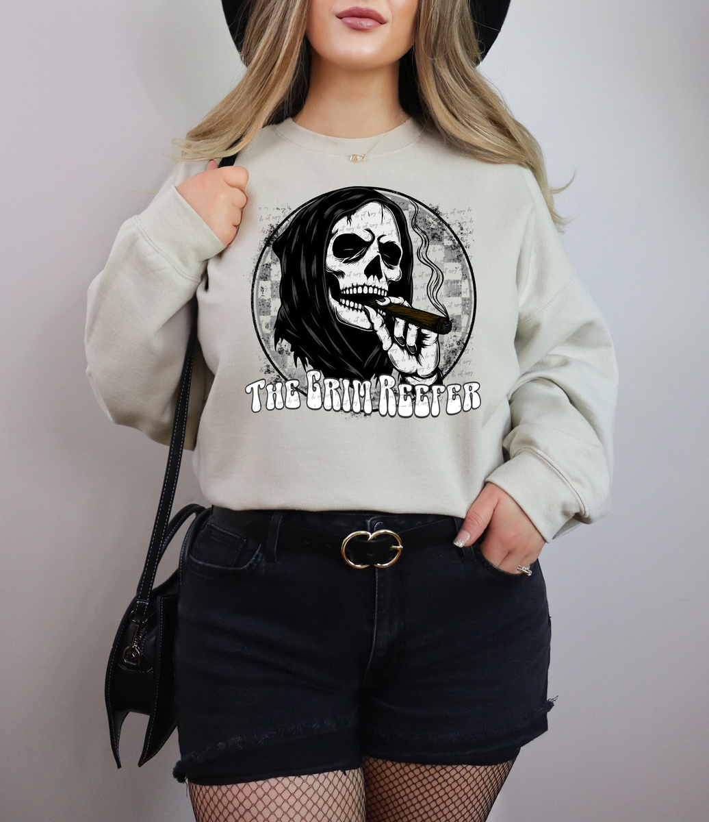 The Grim Reefer Smoking Skellie Round Checkered Background 74765 DTF T ...