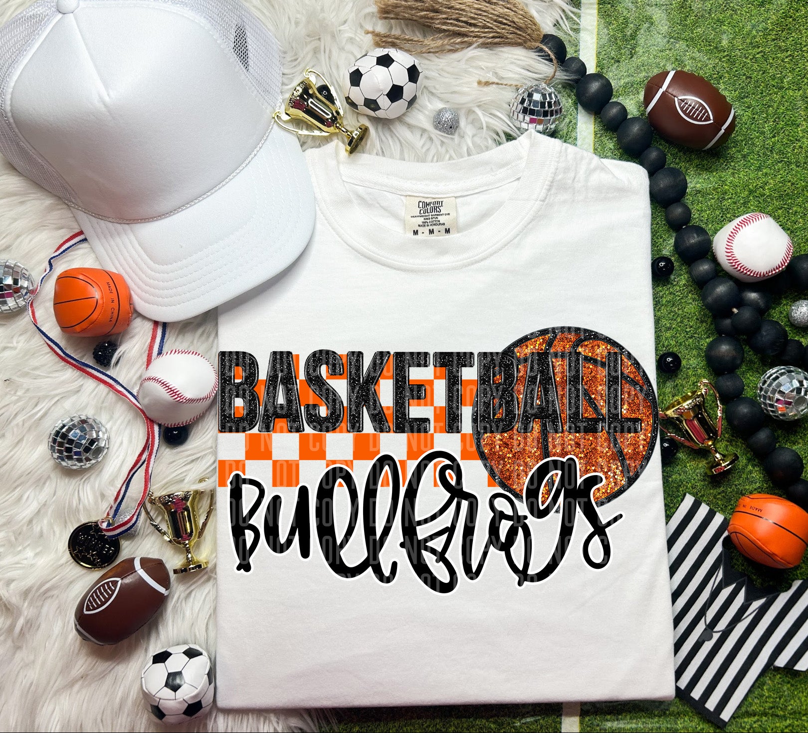 Basketball Bullfrogs Checkered Background Faux Glitter 66852 DTF trans ...