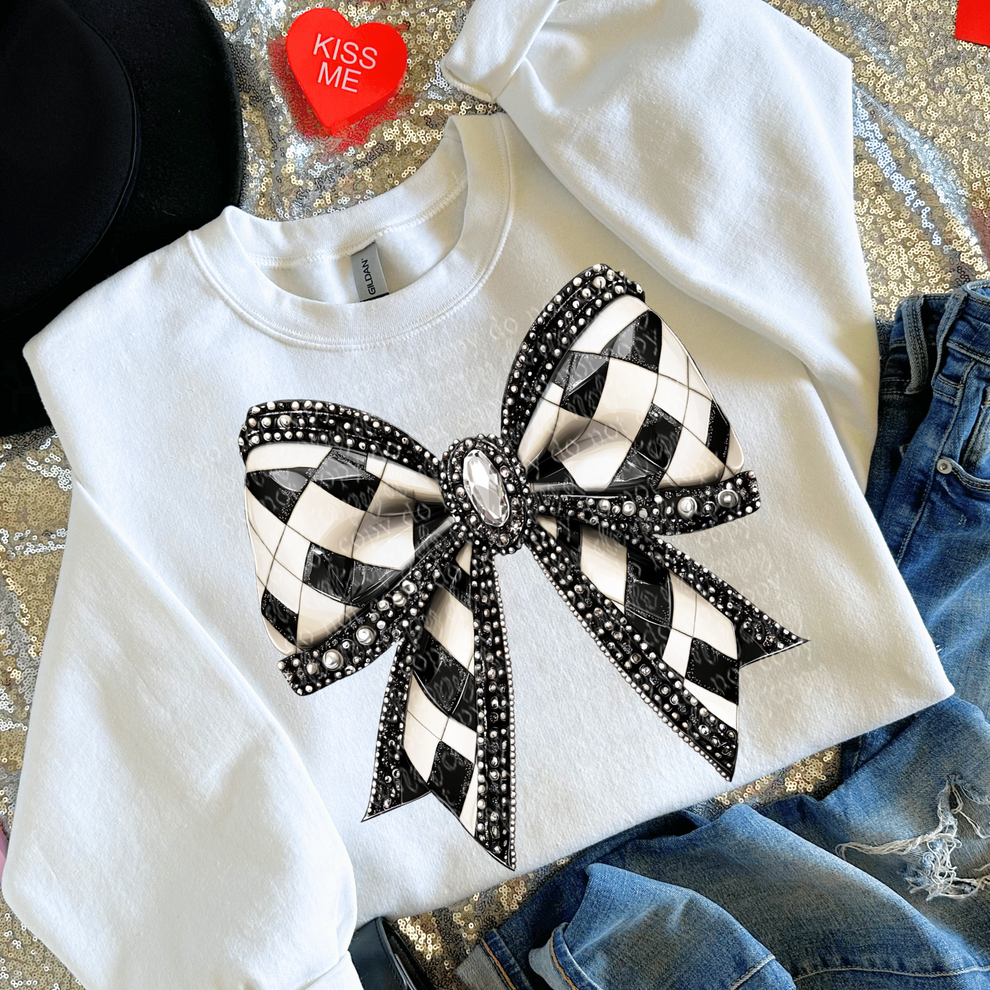 checker rhinestone patent bow (TTD) 82153 DTF transfer – Mud & Grace ...