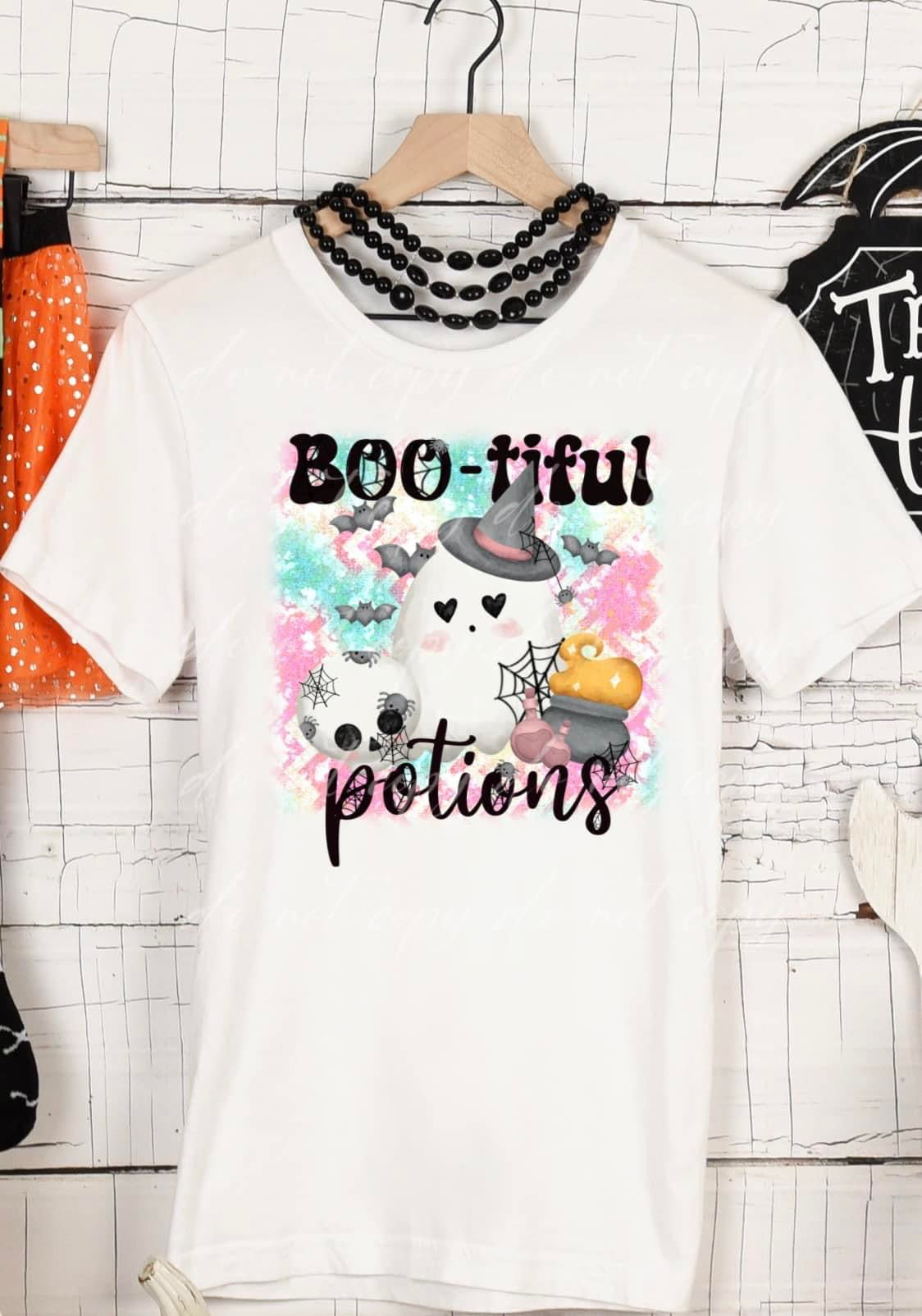 Boo-tiful Potions (ghost with witch hat, potions, skull, bats, spiders ...