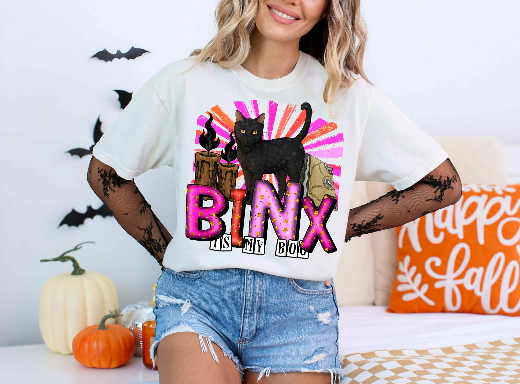 Binx black cat pink background DTF transfer – Mud & Grace Transfers