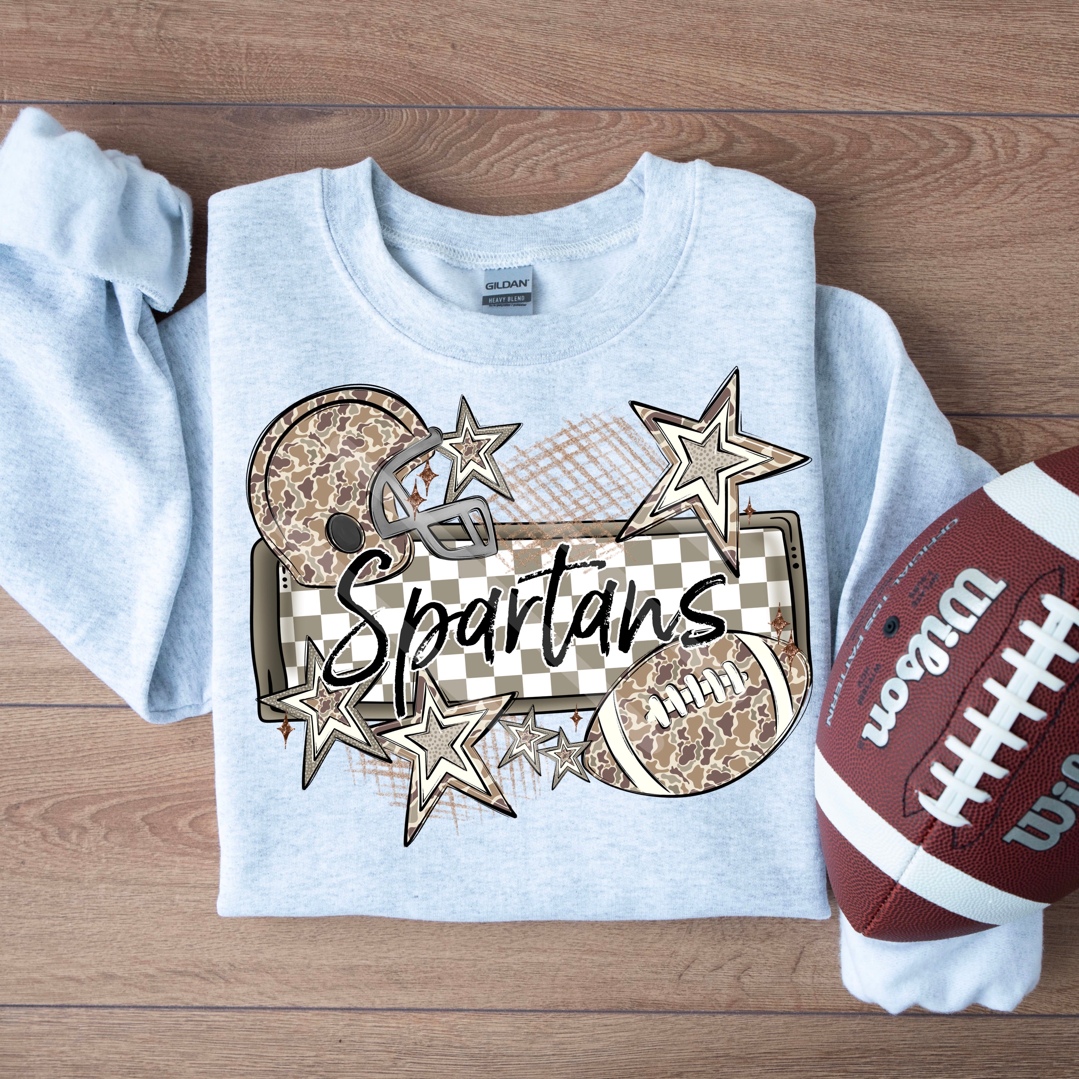 Spartans camo football frame and stars DTF transfer – Mud & Grace Transfers