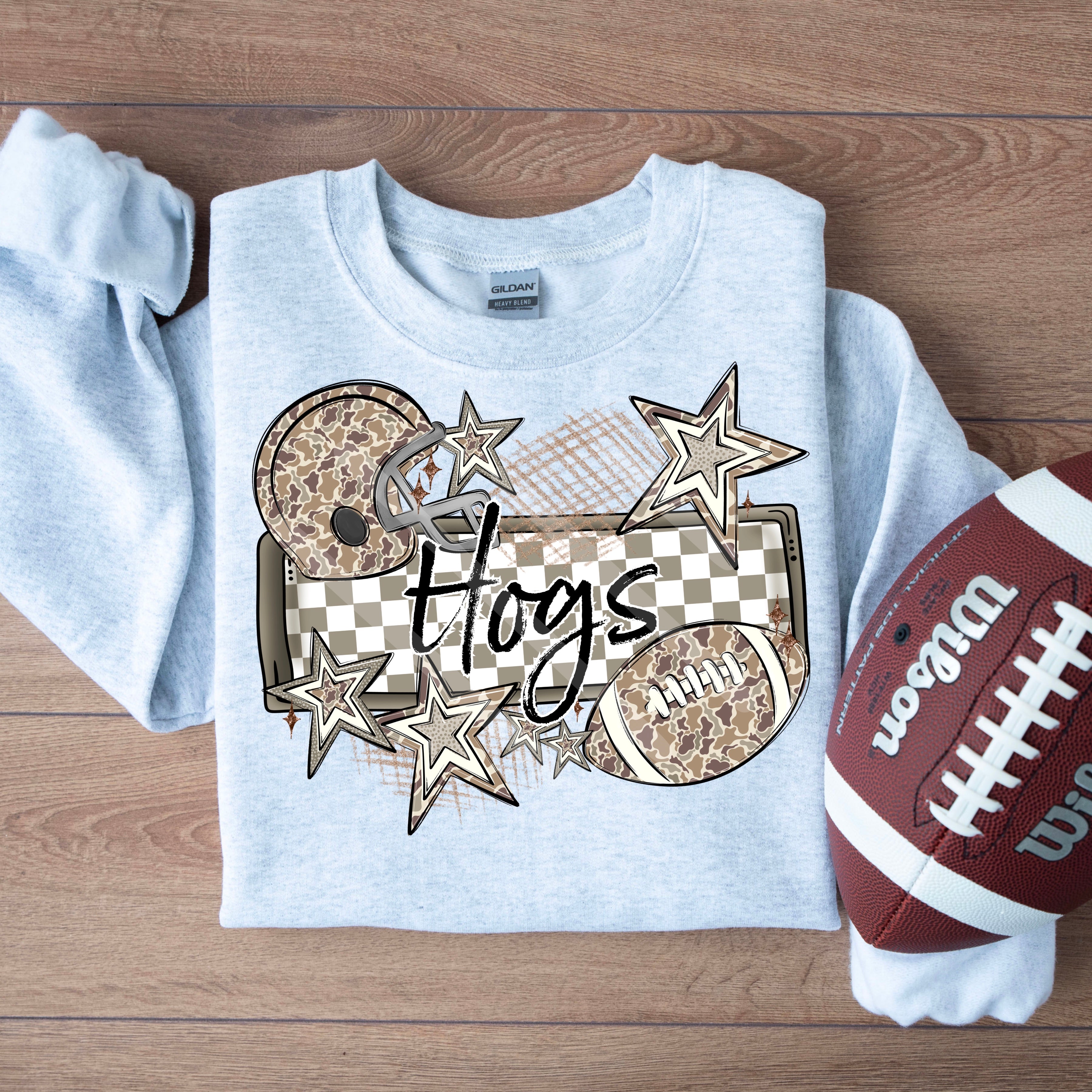Hogs camo football frame and stars DTF transfer – Mud & Grace Transfers