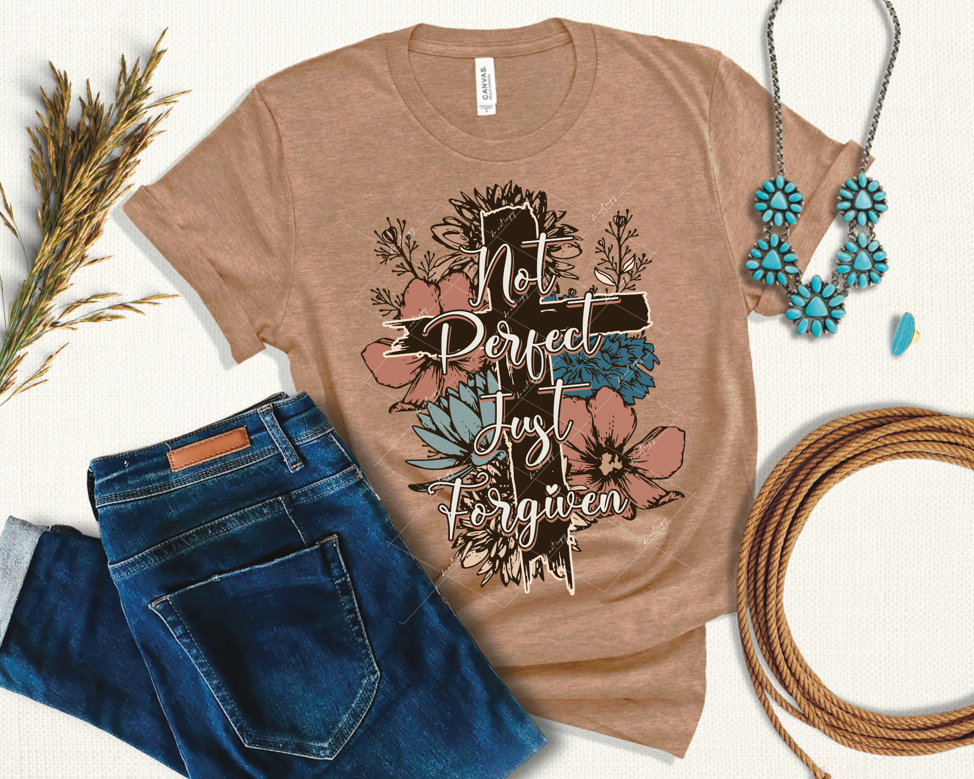 Not Perfect Just Forgiven (wooden cross, flowers in earth tone and tur ...