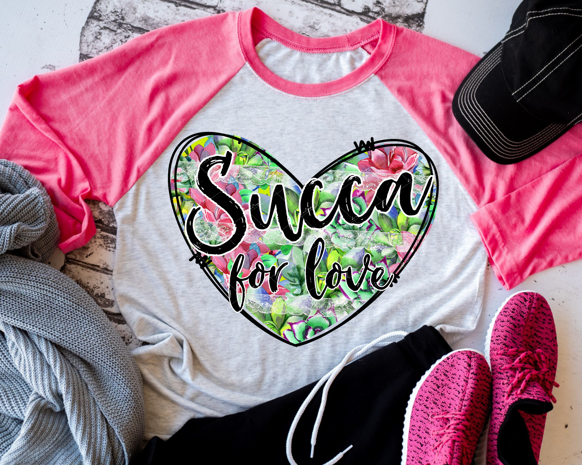 Succa For Love (succulents background, heart shape, black cursive dist ...