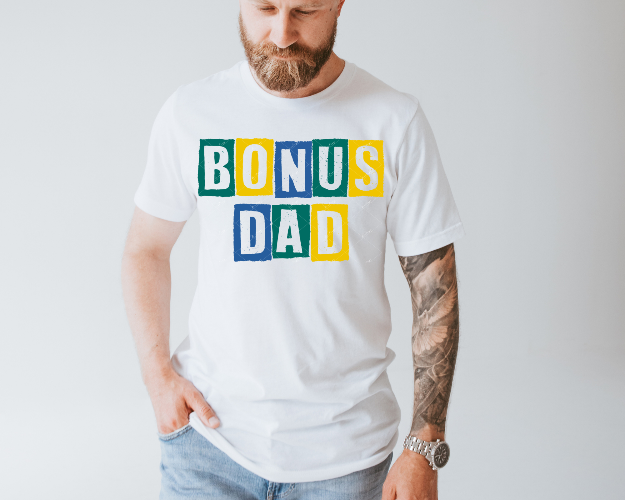 Bonus Dad (block lettering, green, yellow, blue colors) 1887 DTF TRANS ...