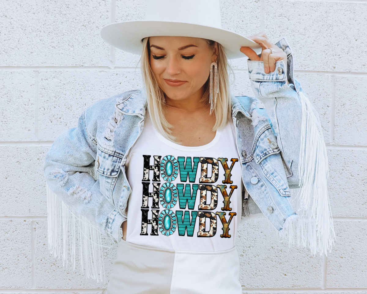 Howdy Howdy Howdy (letters filled with cowhide, teal wood slats, rusty ...