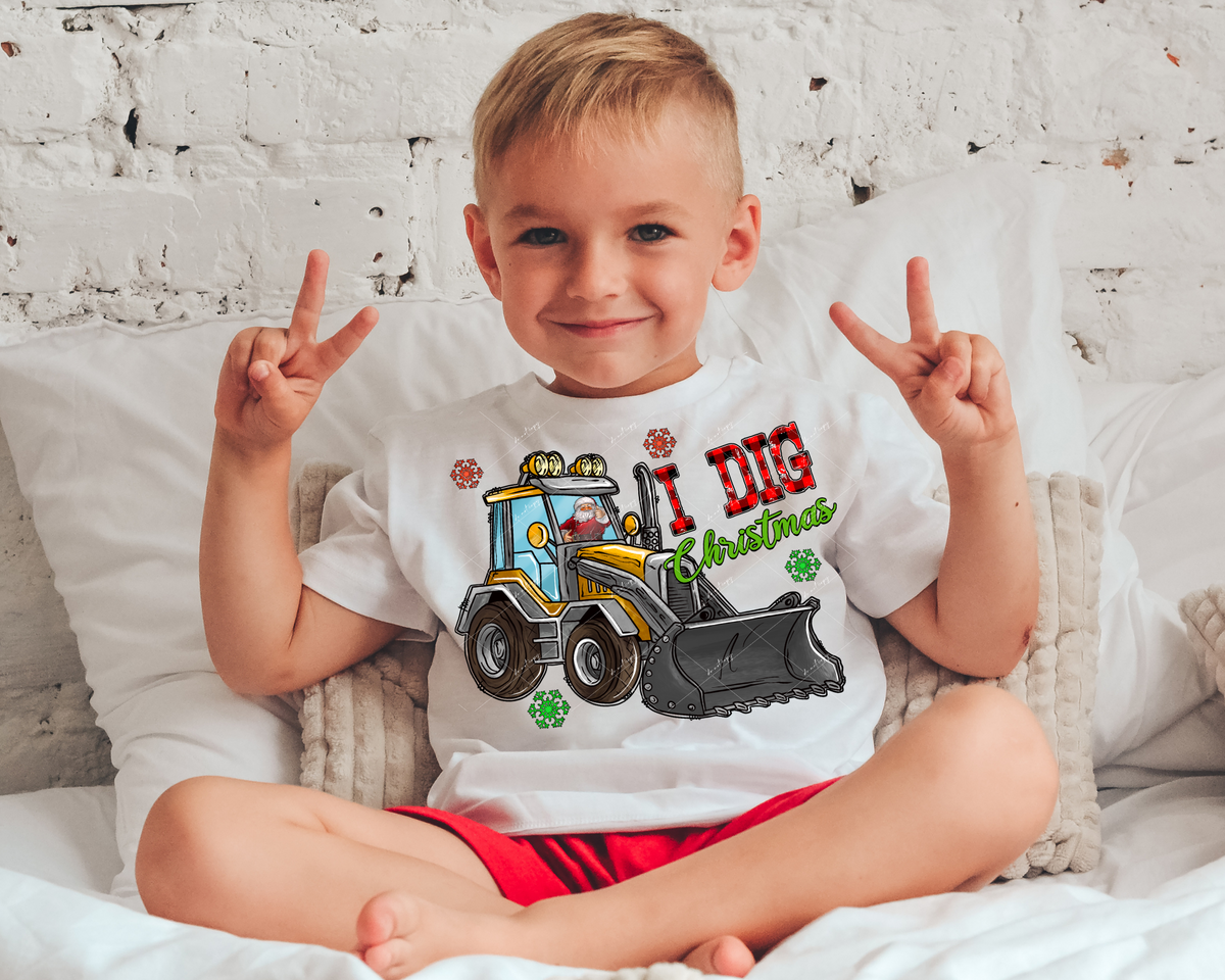 I Dig Christmas (bulldozer with Santa, snowflakes, letters filled with ...
