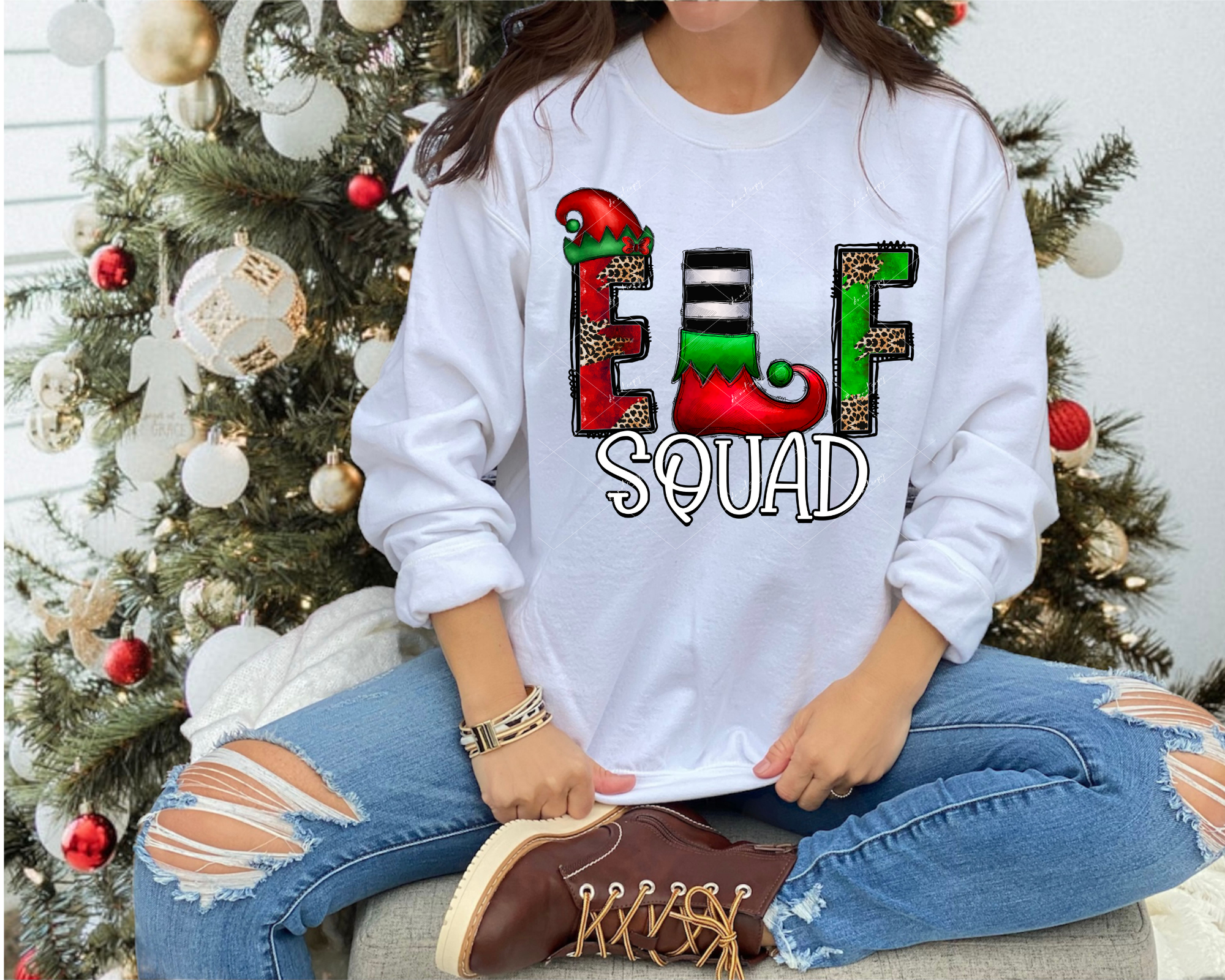 Elf Squad (elf hat, Christmas color elf lettering with leopard print ...
