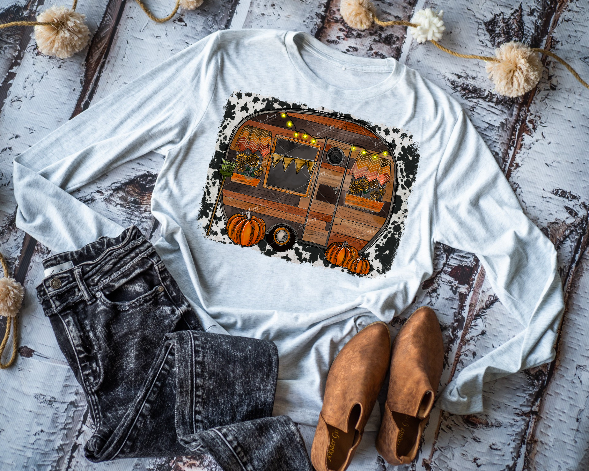 Fall retro camper, wooden slats, pumpkins, cow print background, sunfl ...