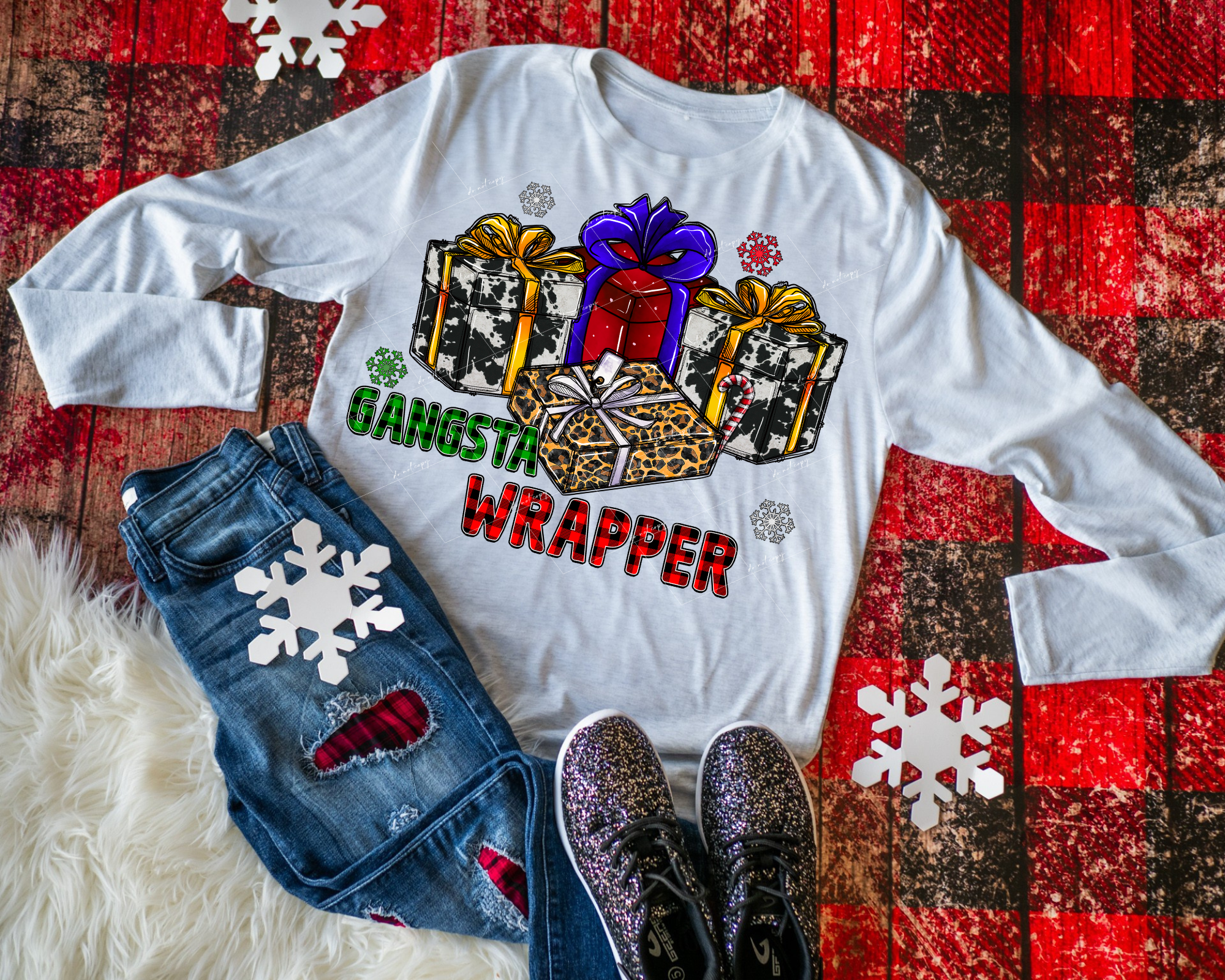 Gangsta Wrapper (snowflakes, four Christmas presents, cow, leopard, re ...