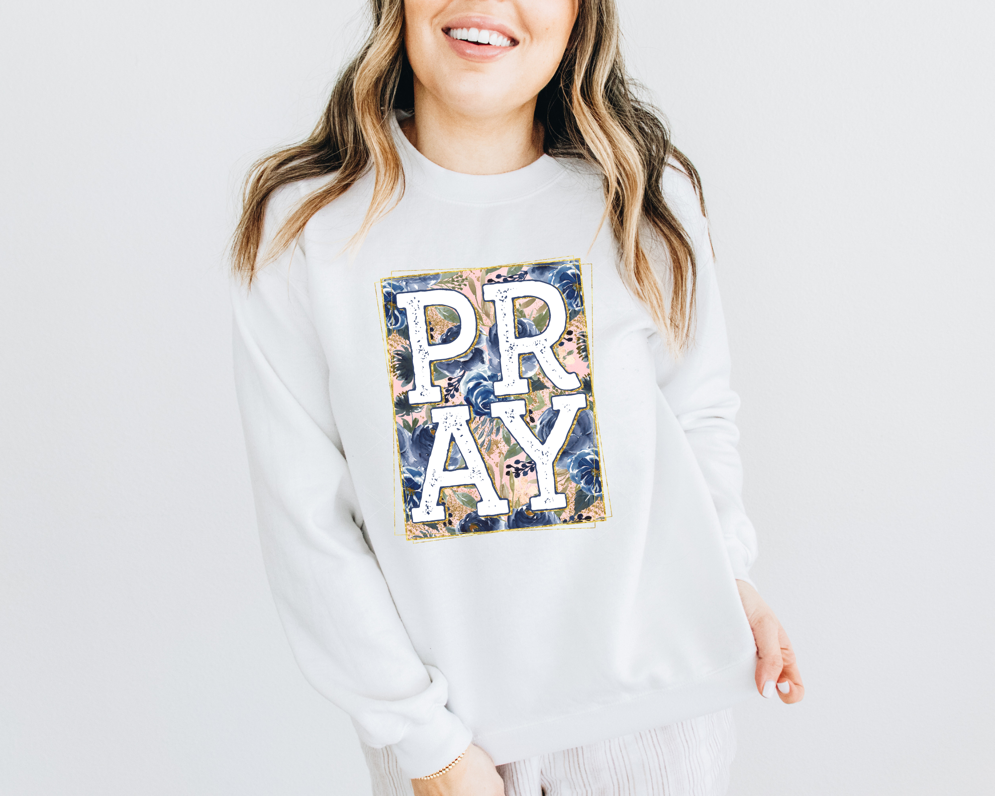 Pray Blue Floral Gold Glitter 112712 DTF TRANSFER – Mud & Grace Transfers